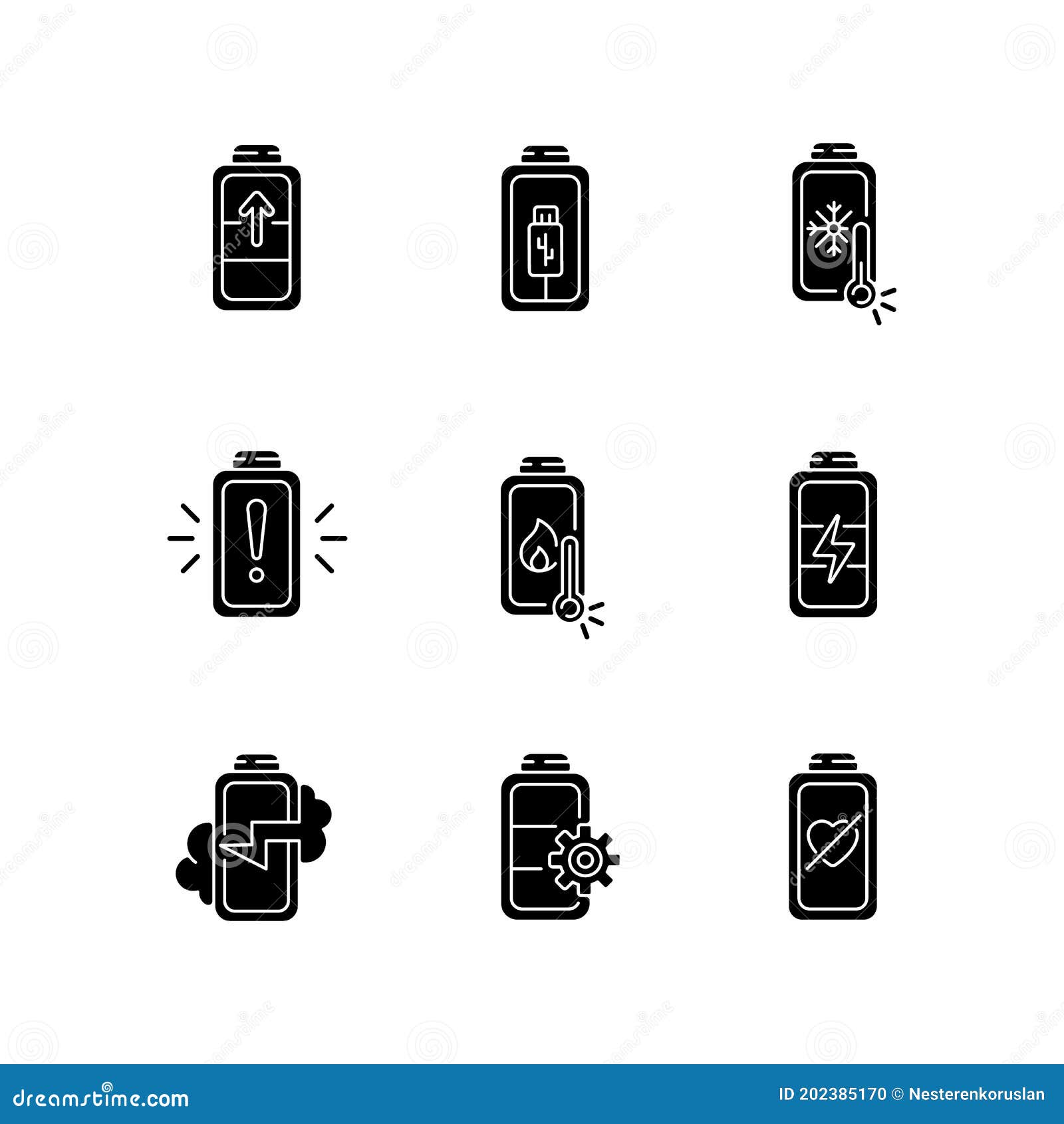 Battery Problems Black Glyph Icons Set on White Space Stock Vector ...