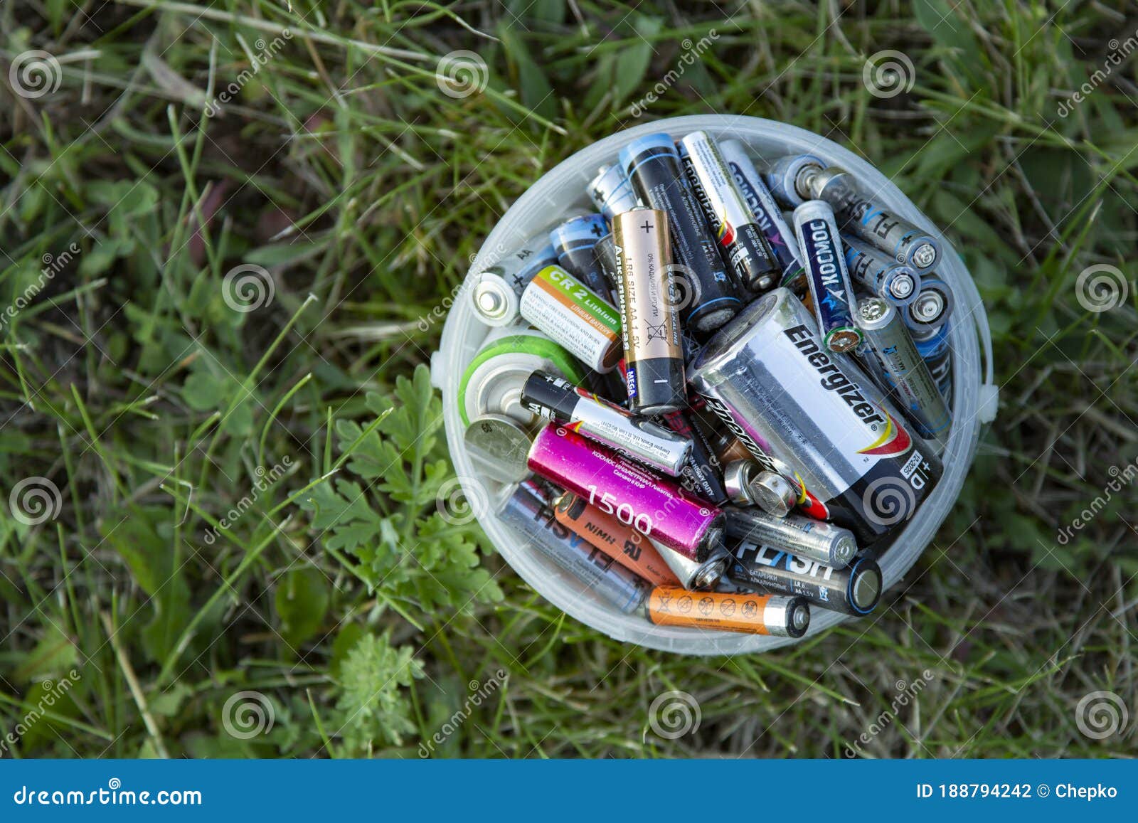 Battery Recycle Bin with Old Element on Grass. Belgorod, Russia - Jun ...