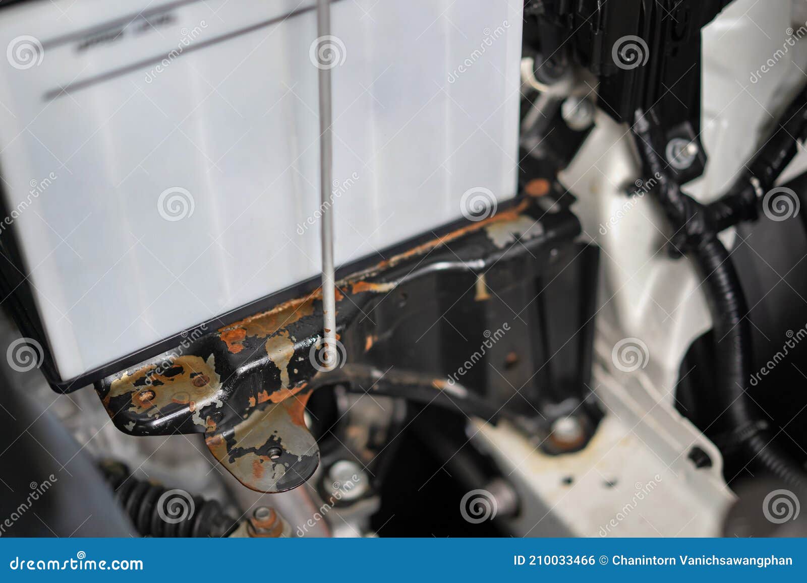 Battery Shelf Peeling Black Paint and Rust in Car Engine, Distilled ...