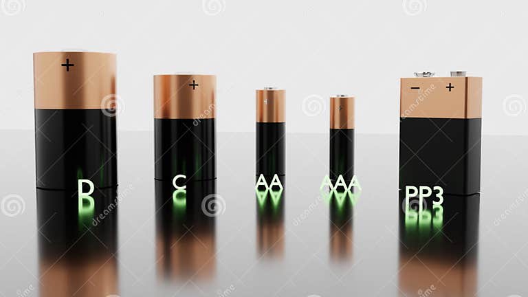Battery Types, AA, AAA, C, D, PP3 on Reflection Floor, 3d Rendering ...