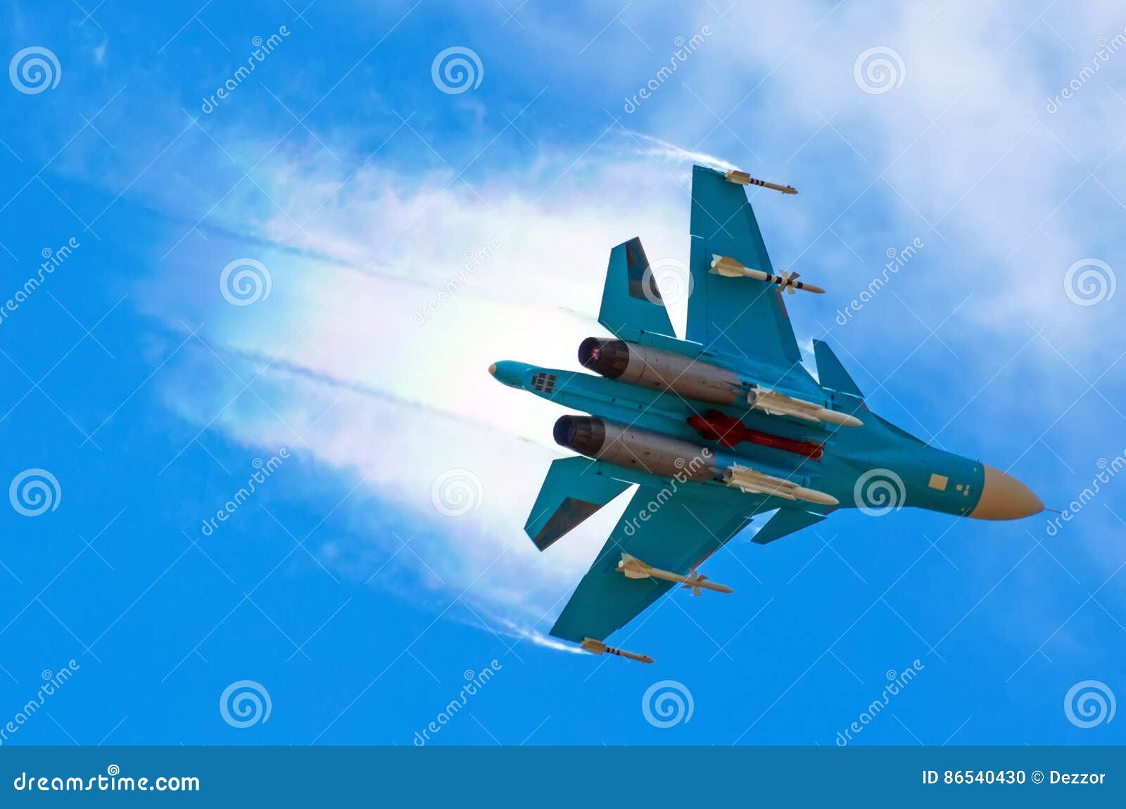 Battle Fighter Jet Flying Dives Breaking Clouds On A Blue Sky ...