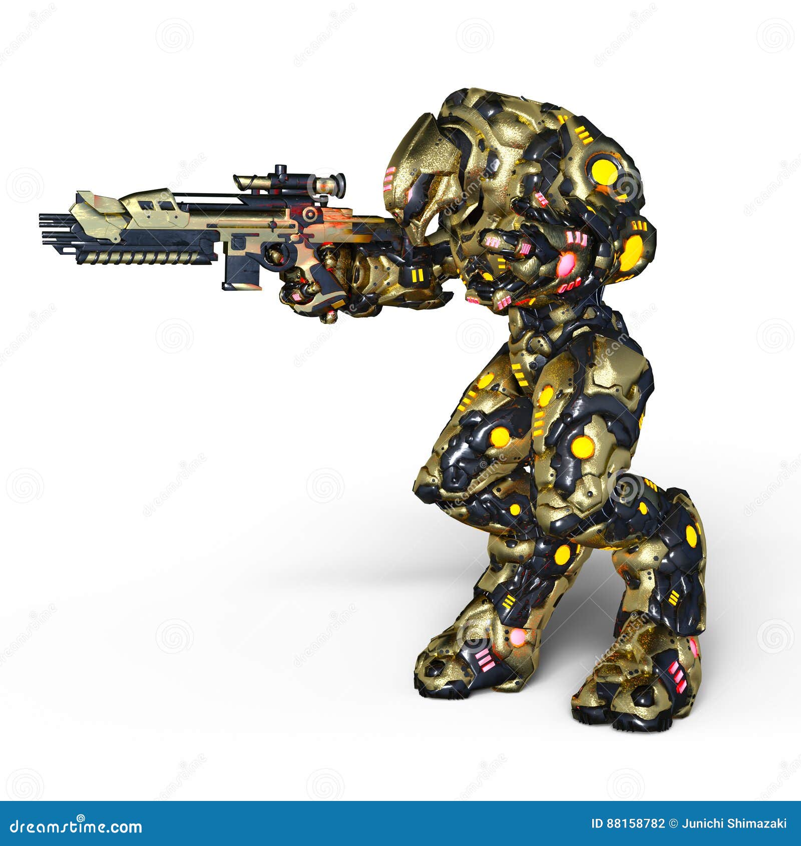 Battle Robot Holding Blaster Or Machine Gun Comic Style Vector ...