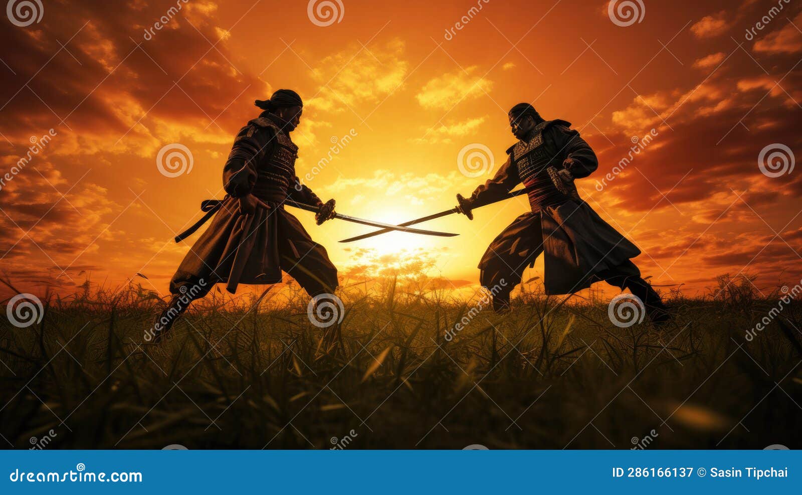 The Battle of Two Samurai in a Meadow Under the Sunset Stock Image ...