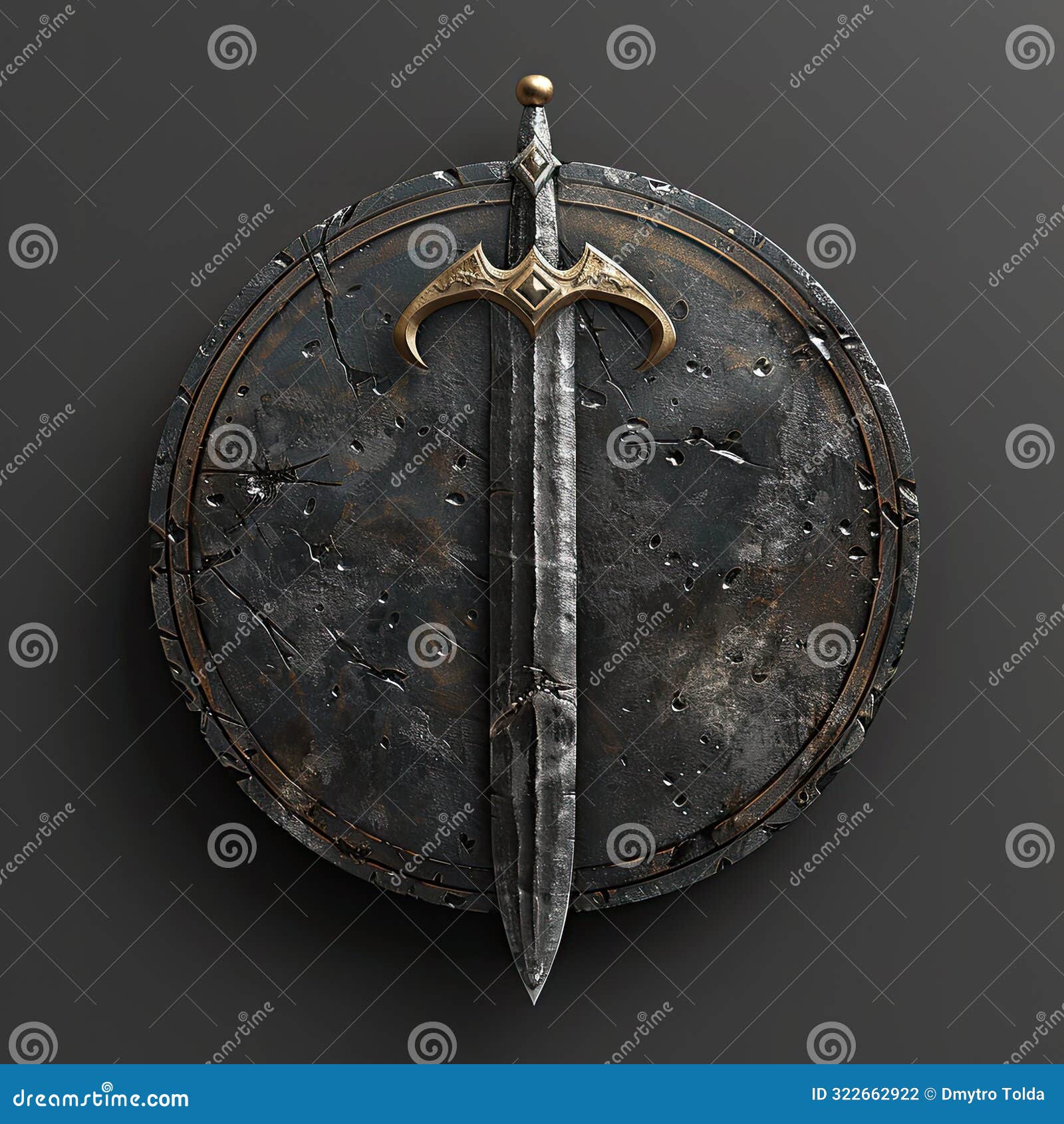 Battle-worn Shield and Sword on a Dark Background Stock Illustration ...