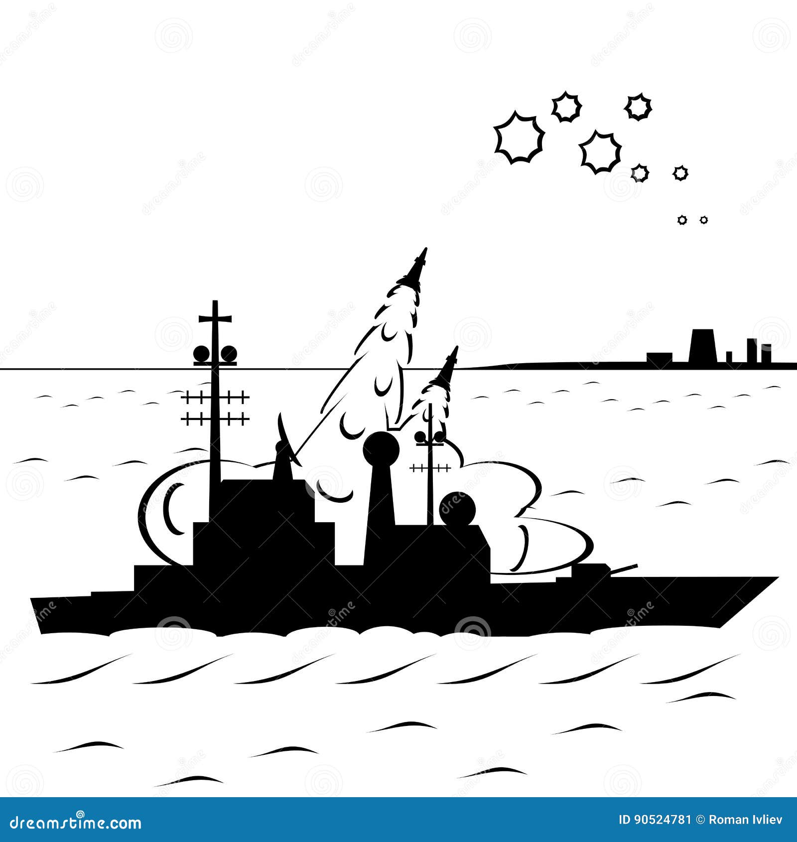 A battleship is attacking. stock vector. Illustration of flame - 90524781