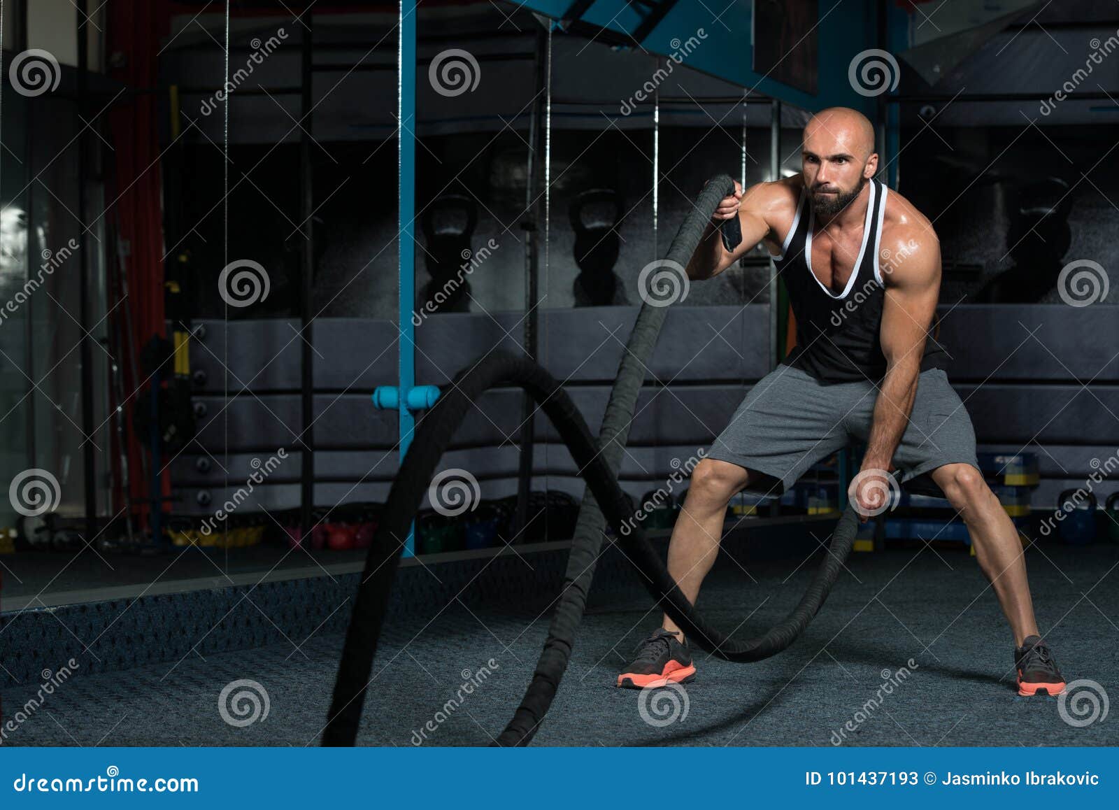 Battling Ropes Young Man at Gym Workout Exercise Stock Image - Image of ...