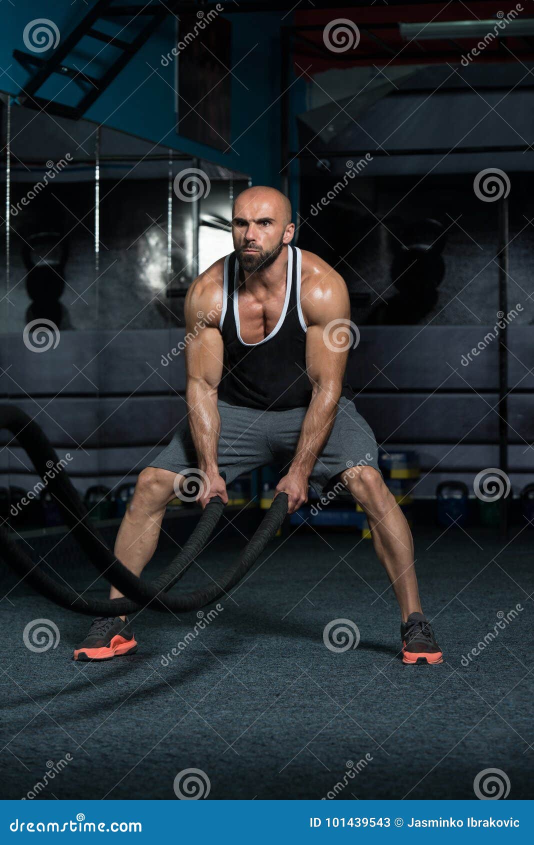 Battling Ropes Young Man at Gym Workout Exercise Stock Image - Image of ...