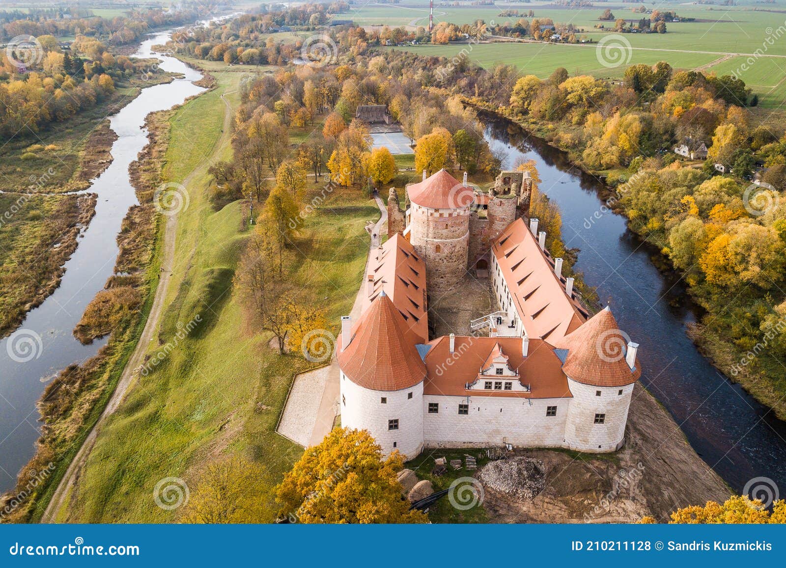Bauska Town Aerial Panorama with Bauska Medieval Castle Stock Photo ...