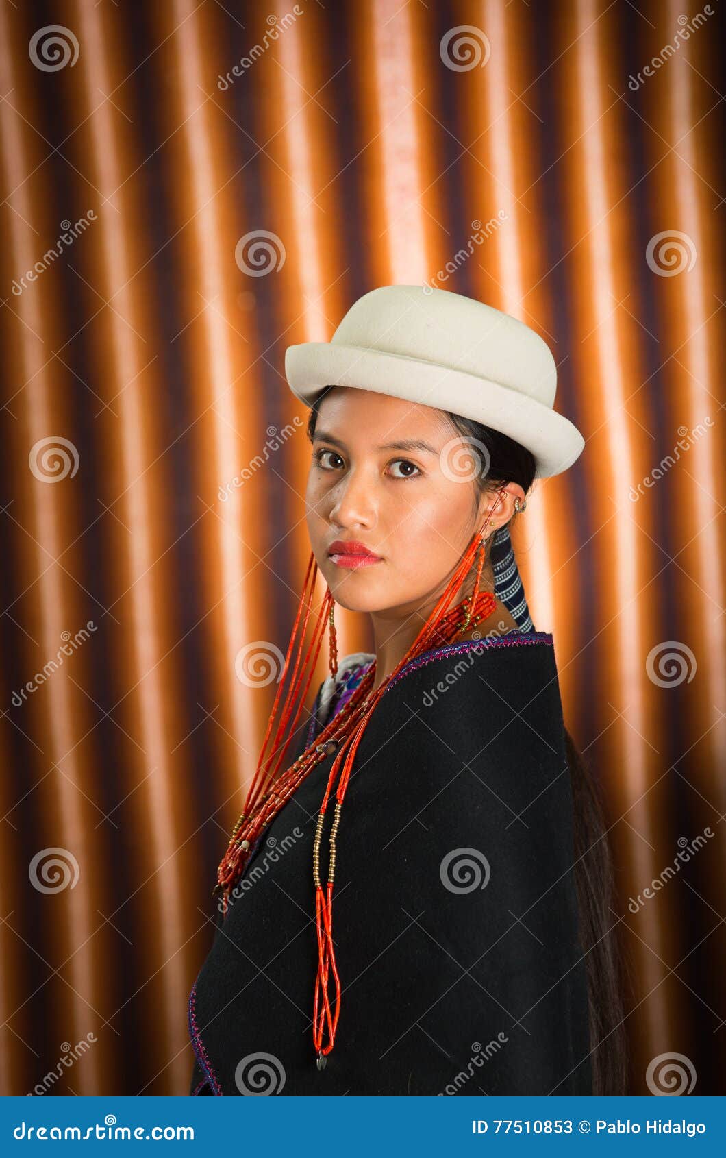 Bautifully Dressed Hispanic Model Wearing Andean Traditional Clothing