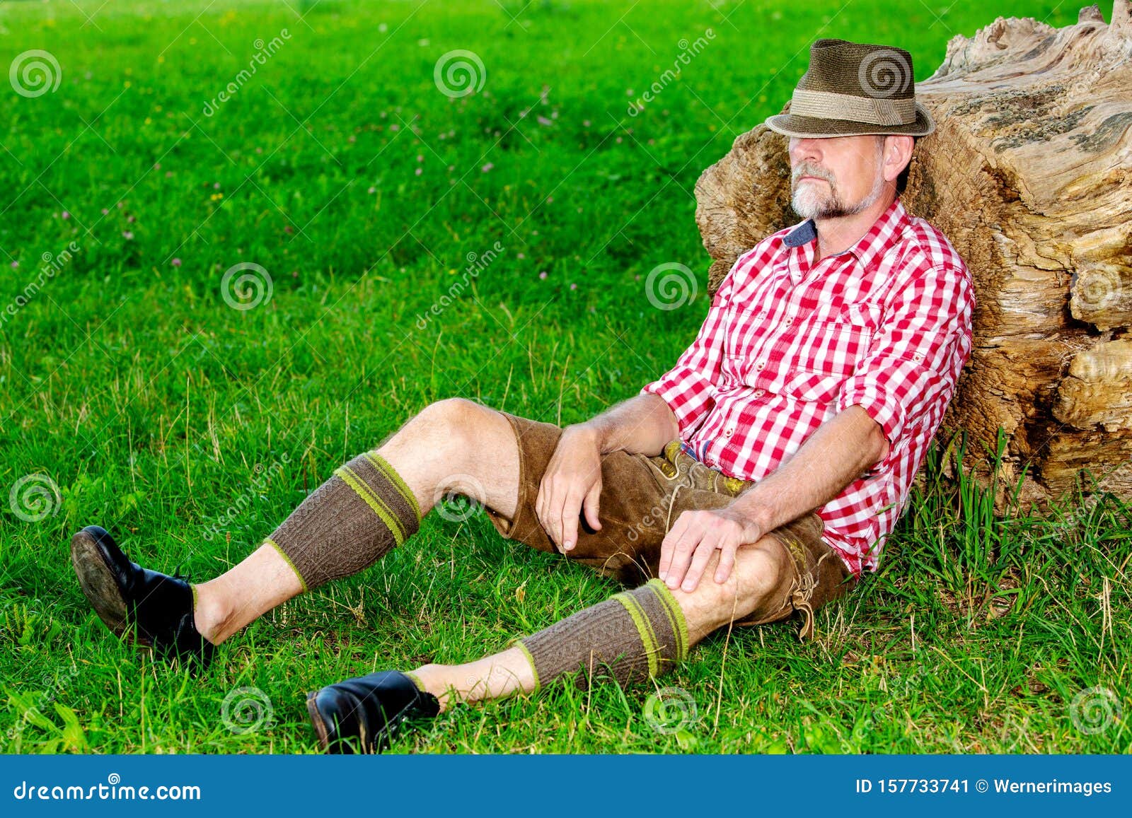 Bavarian Man Sitting Outdoors at Tree Stump and Sleeping Stock Image ...