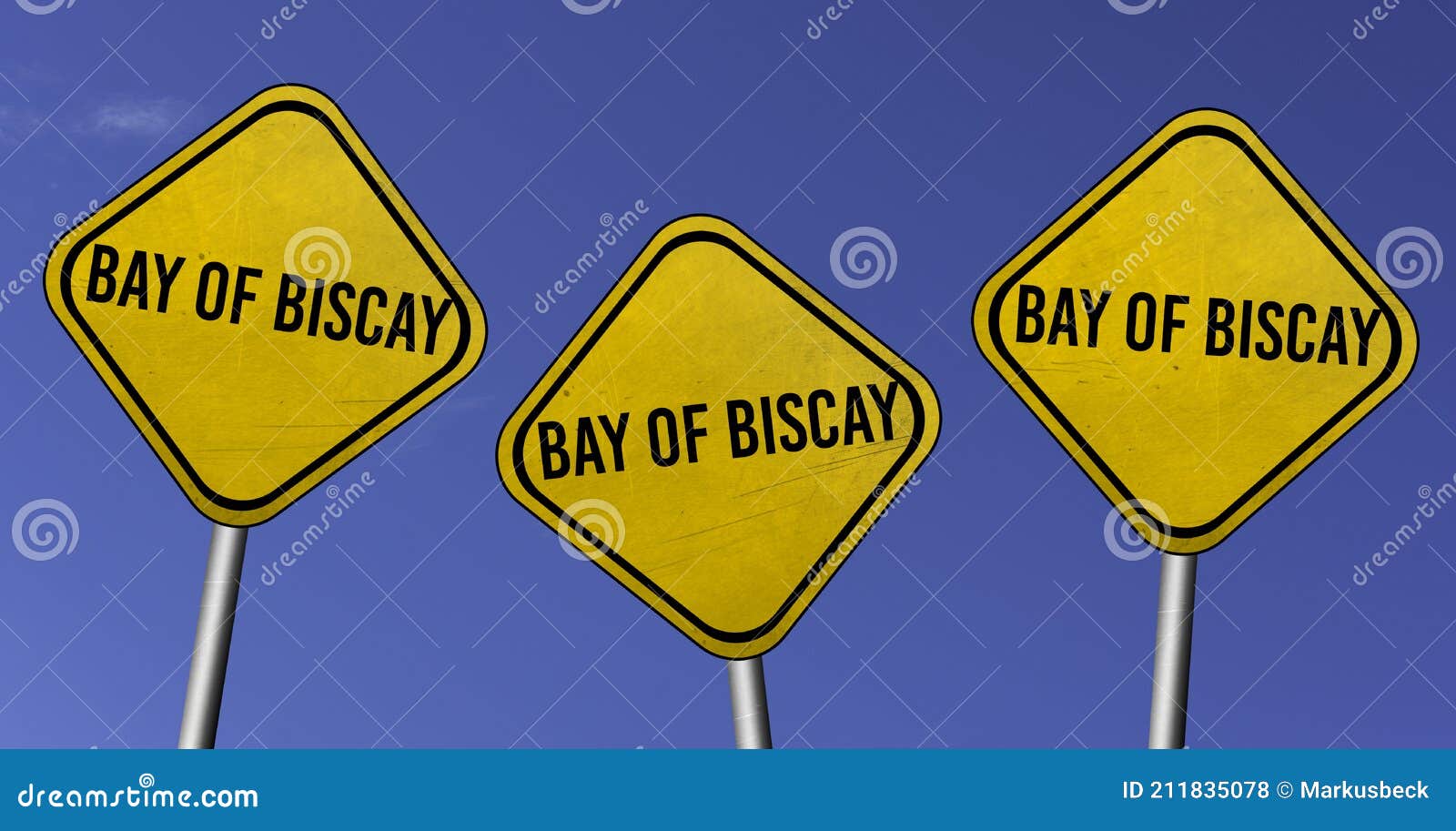 Bay of Biscay - Three Yellow Signs with Blue Sky Background Stock ...
