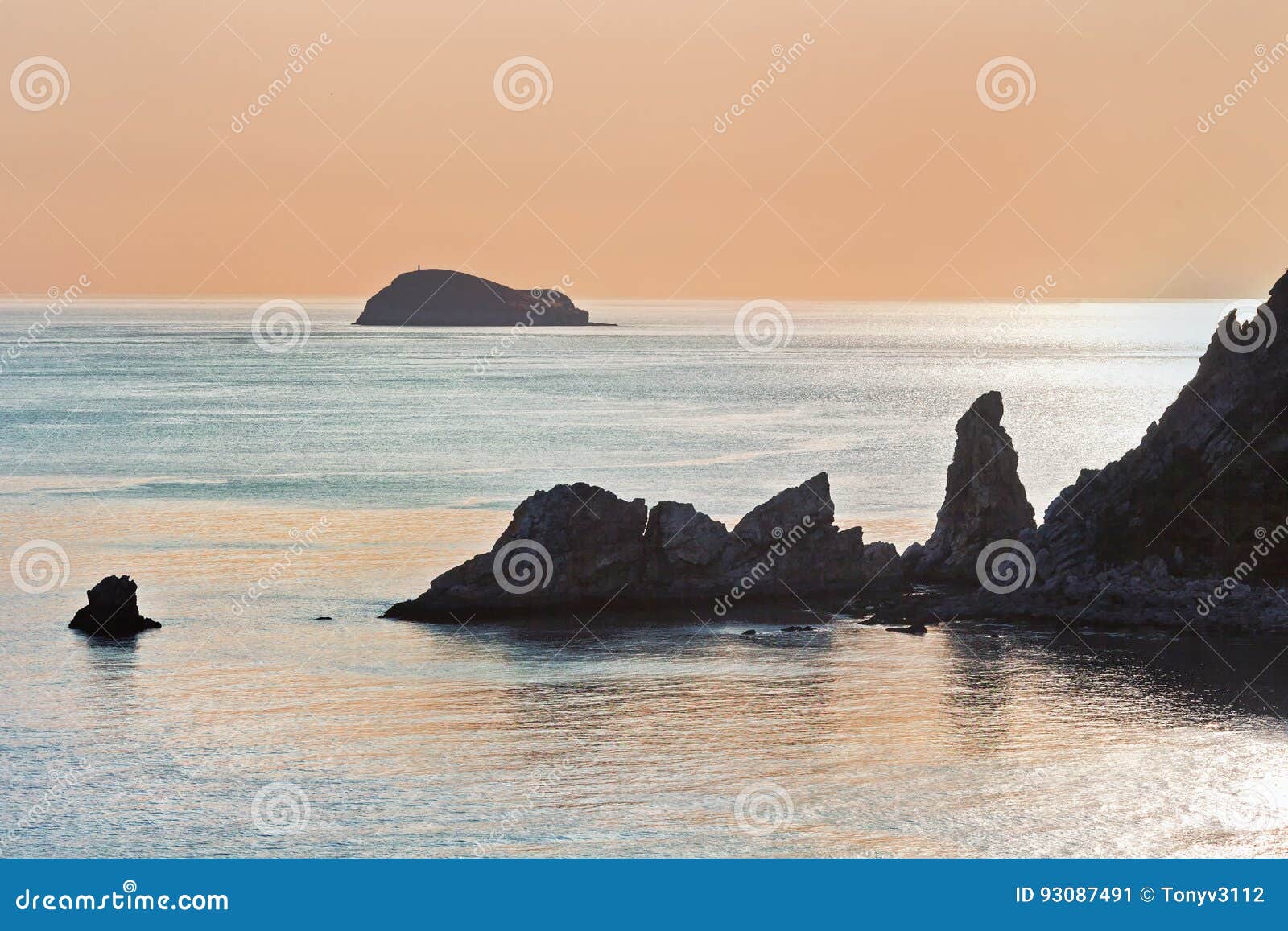 Bay with Irregularly Shaped Rocks at Sunset. Stock Image - Image of ...