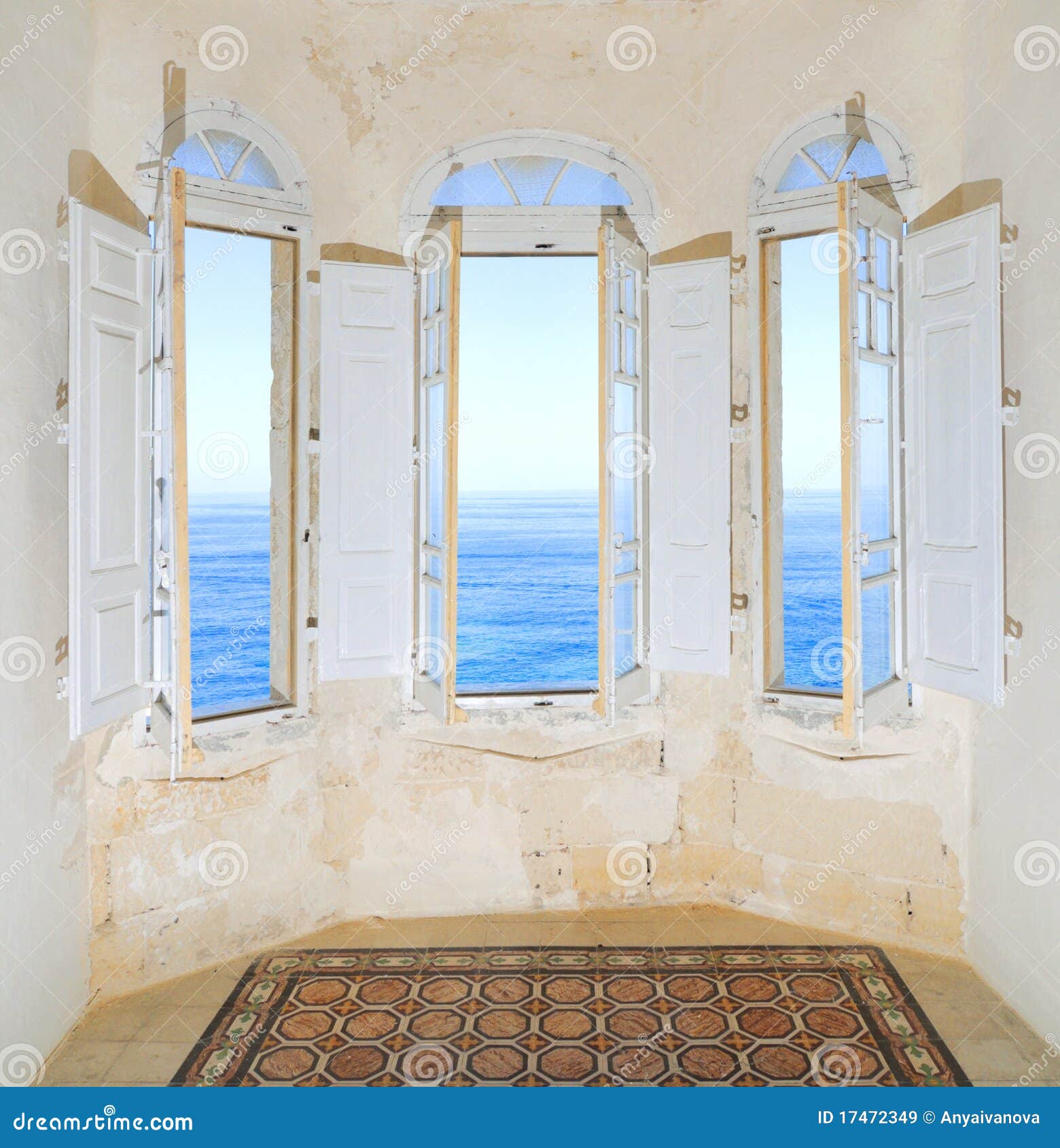 Bay Window Overlooking Mediterranean Sea Stock Image - Image of mosaics ...