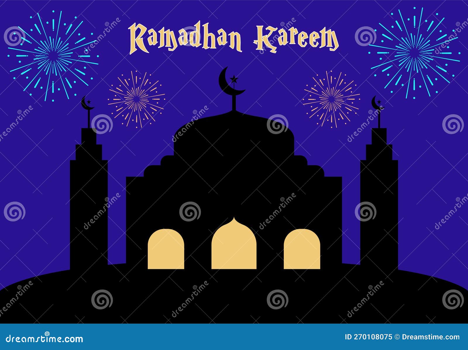 Ramadan Kareem Month Concept with Mosque on Hill and Festive ...