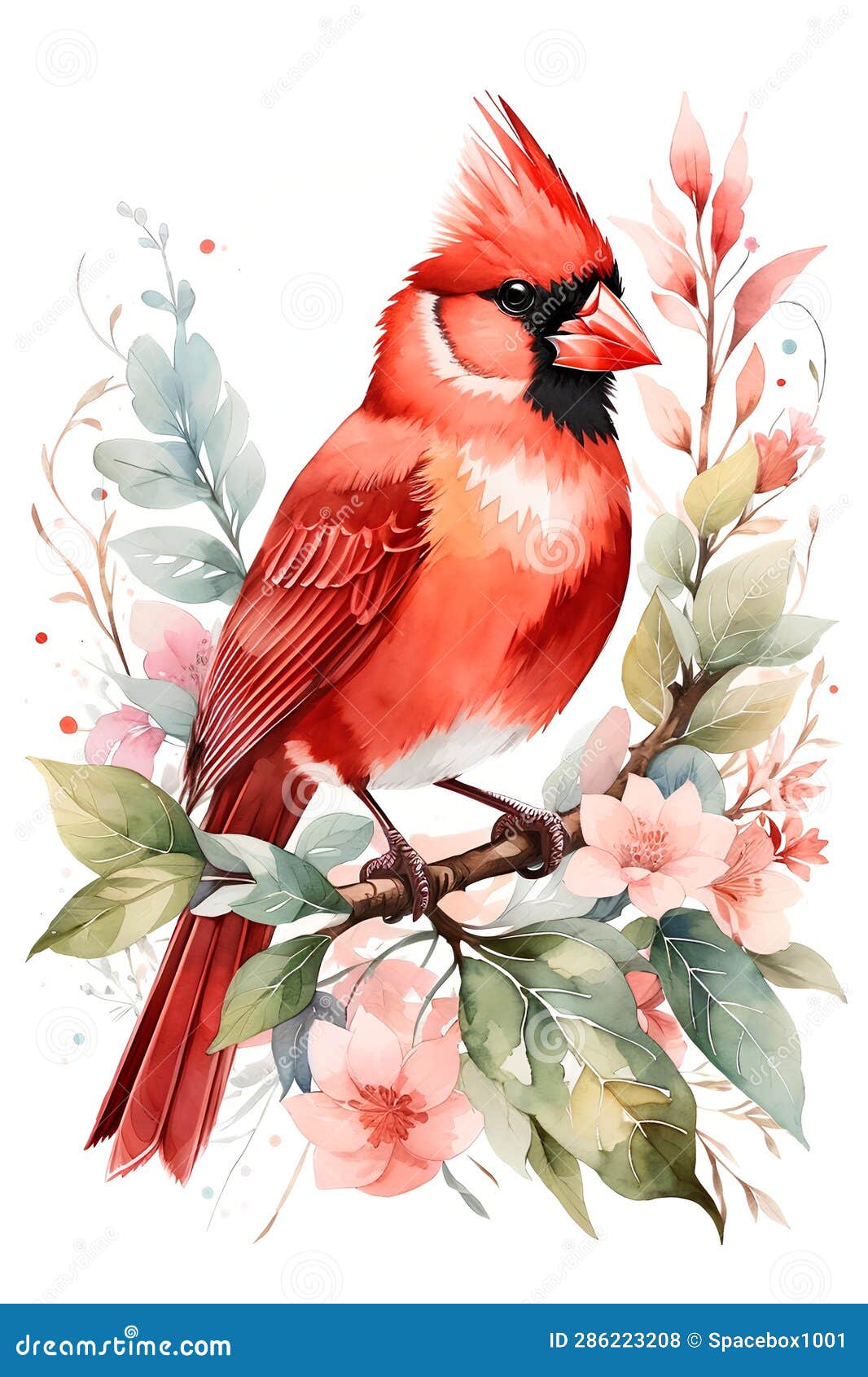 Beautiful Red Cardinal Bird on a Branch with Flowers Stock Illustration ...