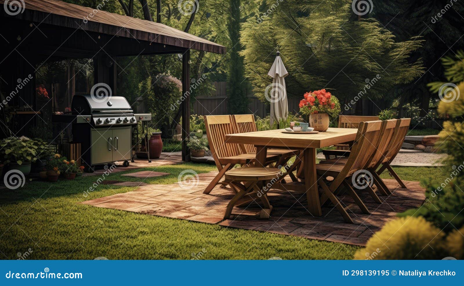 BBQ Backyard with Table and Chairs, Grill. Backyard Picnic Area Stock ...