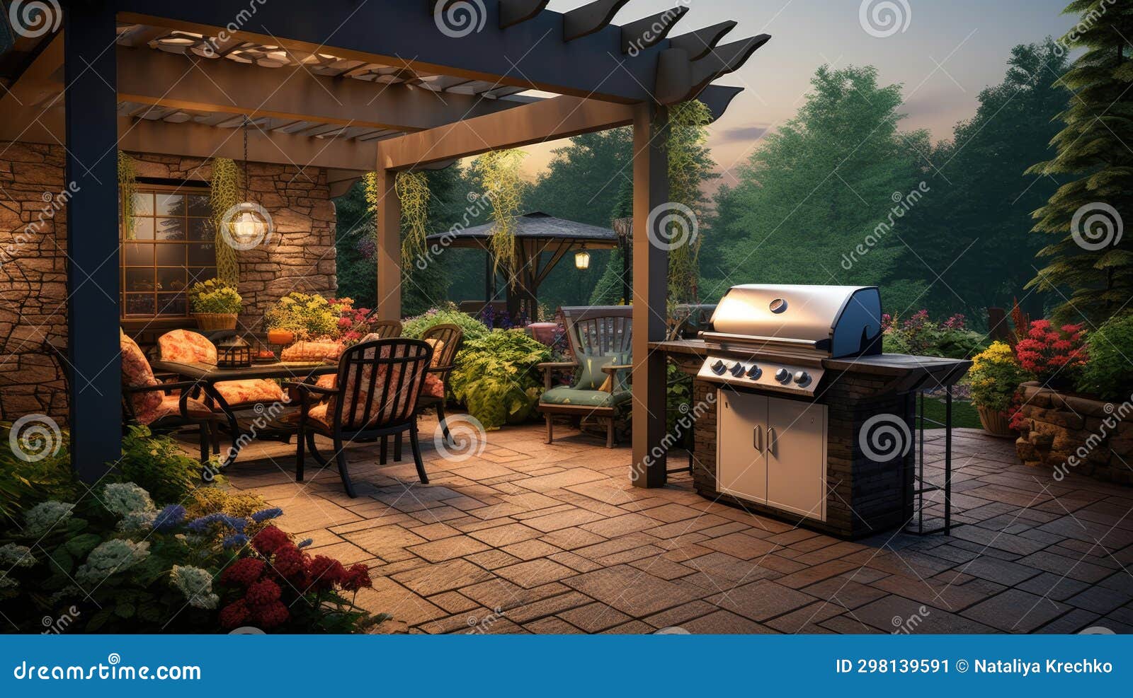 BBQ Backyard with Table and Chairs, Grill. Backyard Picnic Area Stock ...