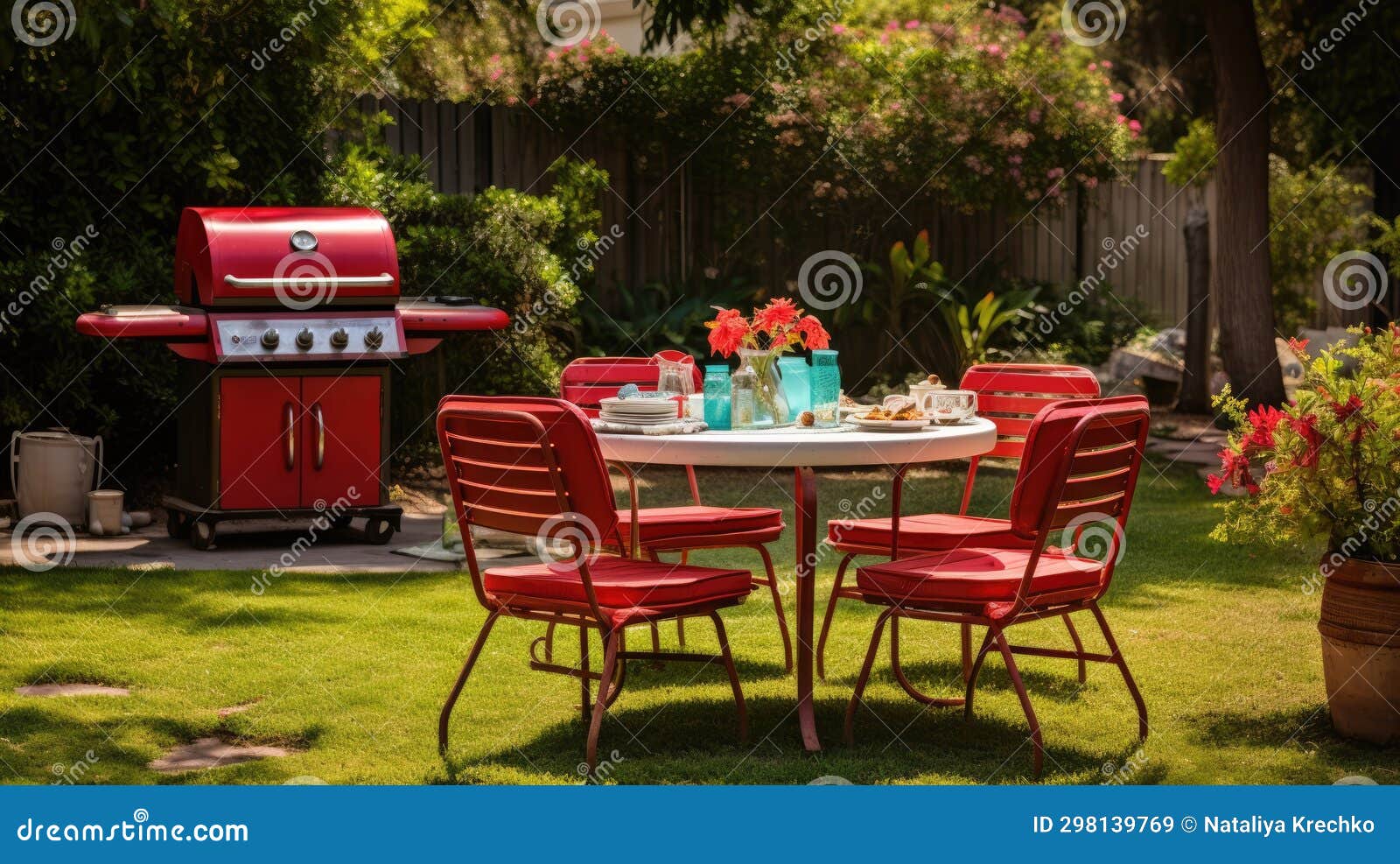 BBQ Backyard with Table and Chairs, Grill. Backyard Picnic Area Stock ...