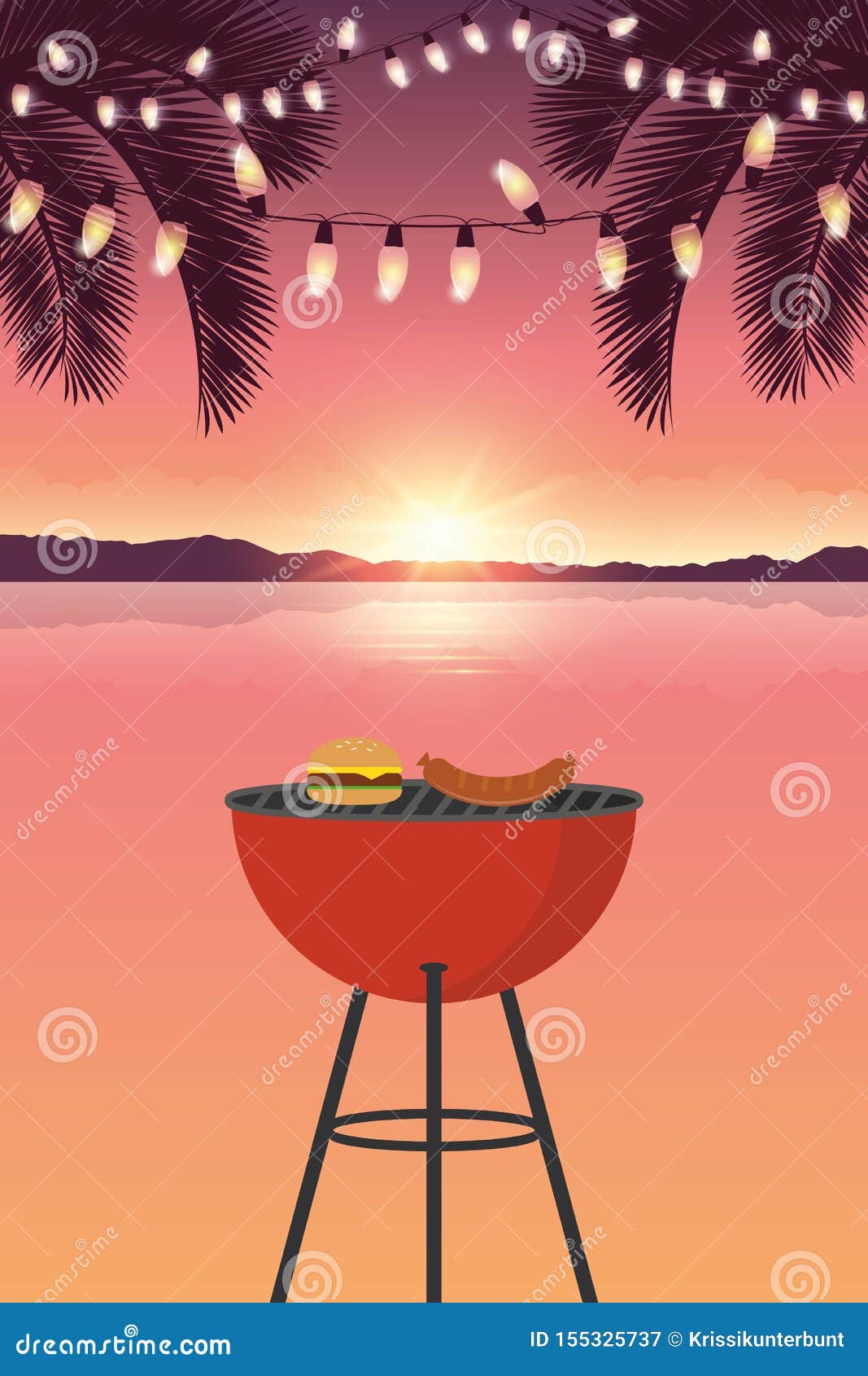 Bbq on the Beach at Sunset with Fairy Light and Palm Trees Stock Vector ...