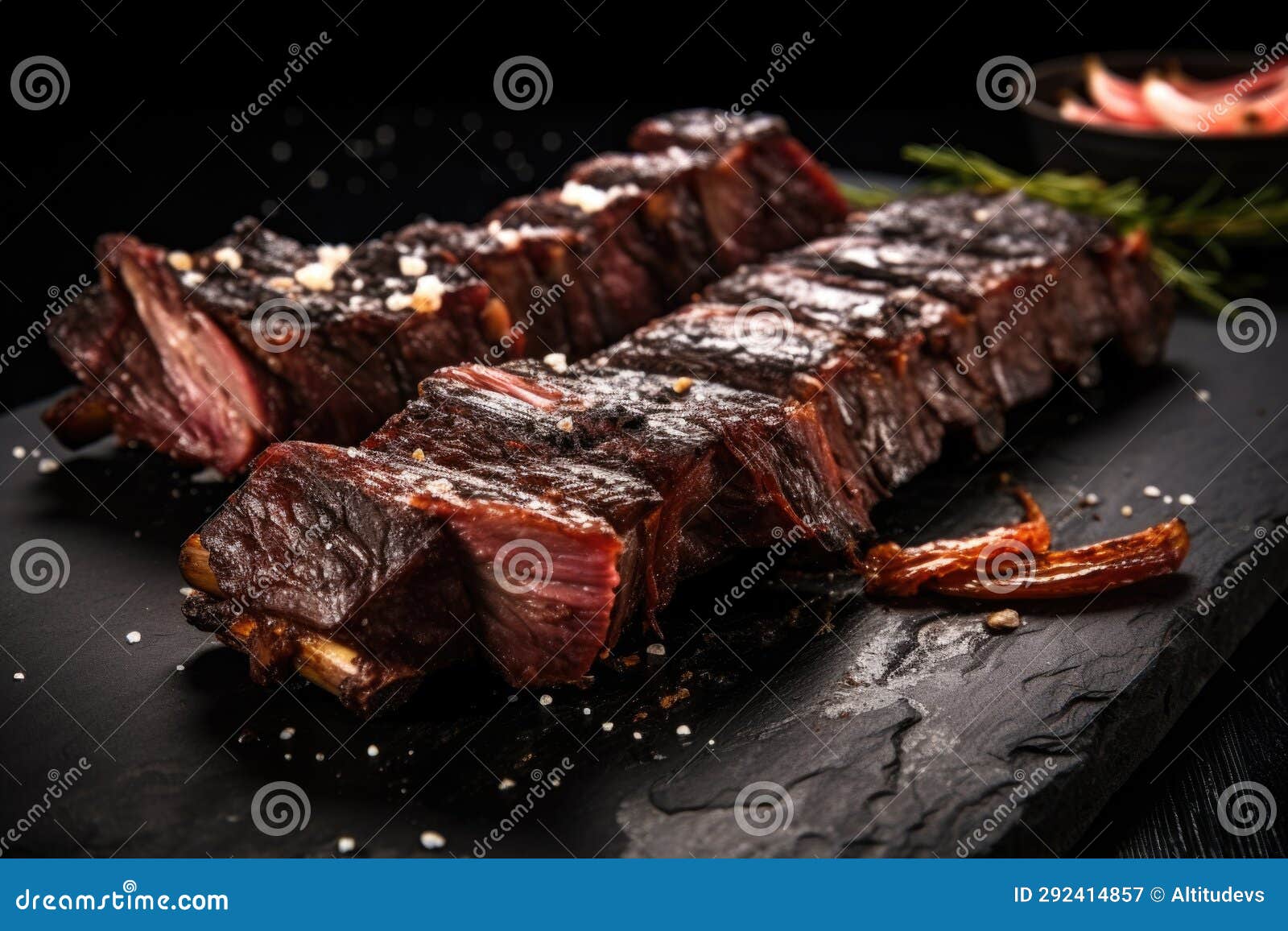 Bbq Beef Ribs on a Black Tabletop with a Glossy Sheen Stock Image ...
