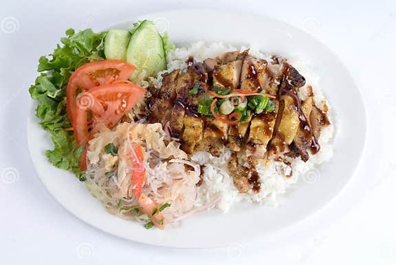 BBQ chicken over rice stock photo. Image of lettuce, sliced - 8096846