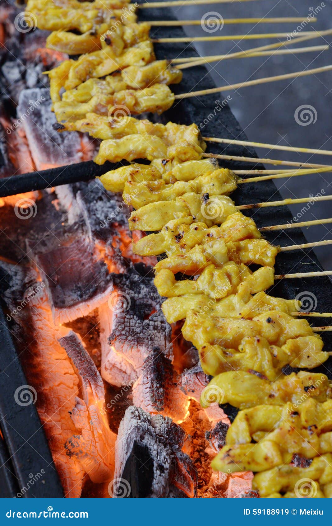 BBQ Chicken Satay on Grill stock image. Image of fire - 59188919