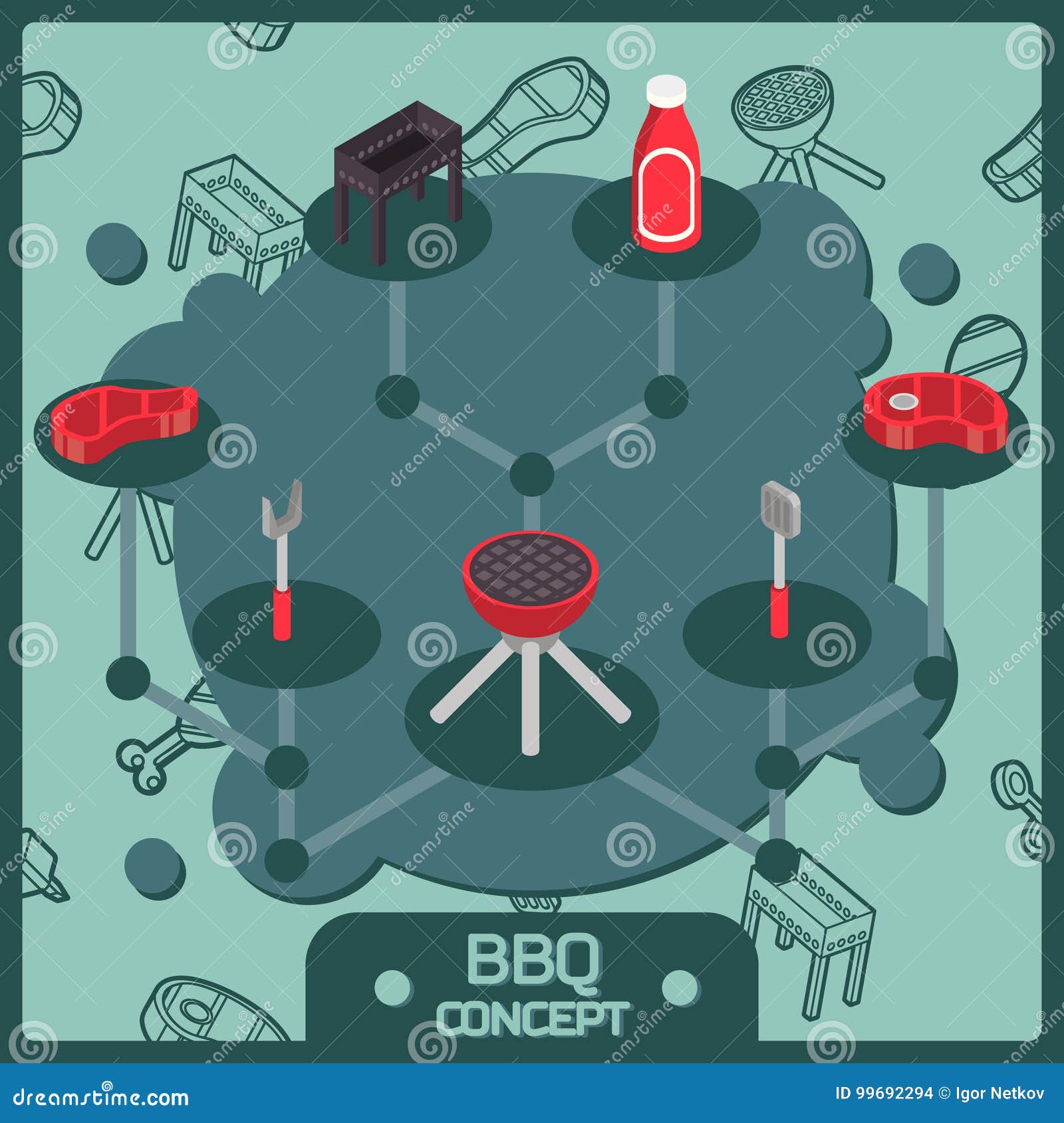 Bbq Color Isometric Concept Icons Stock Vector Illustration Of Party