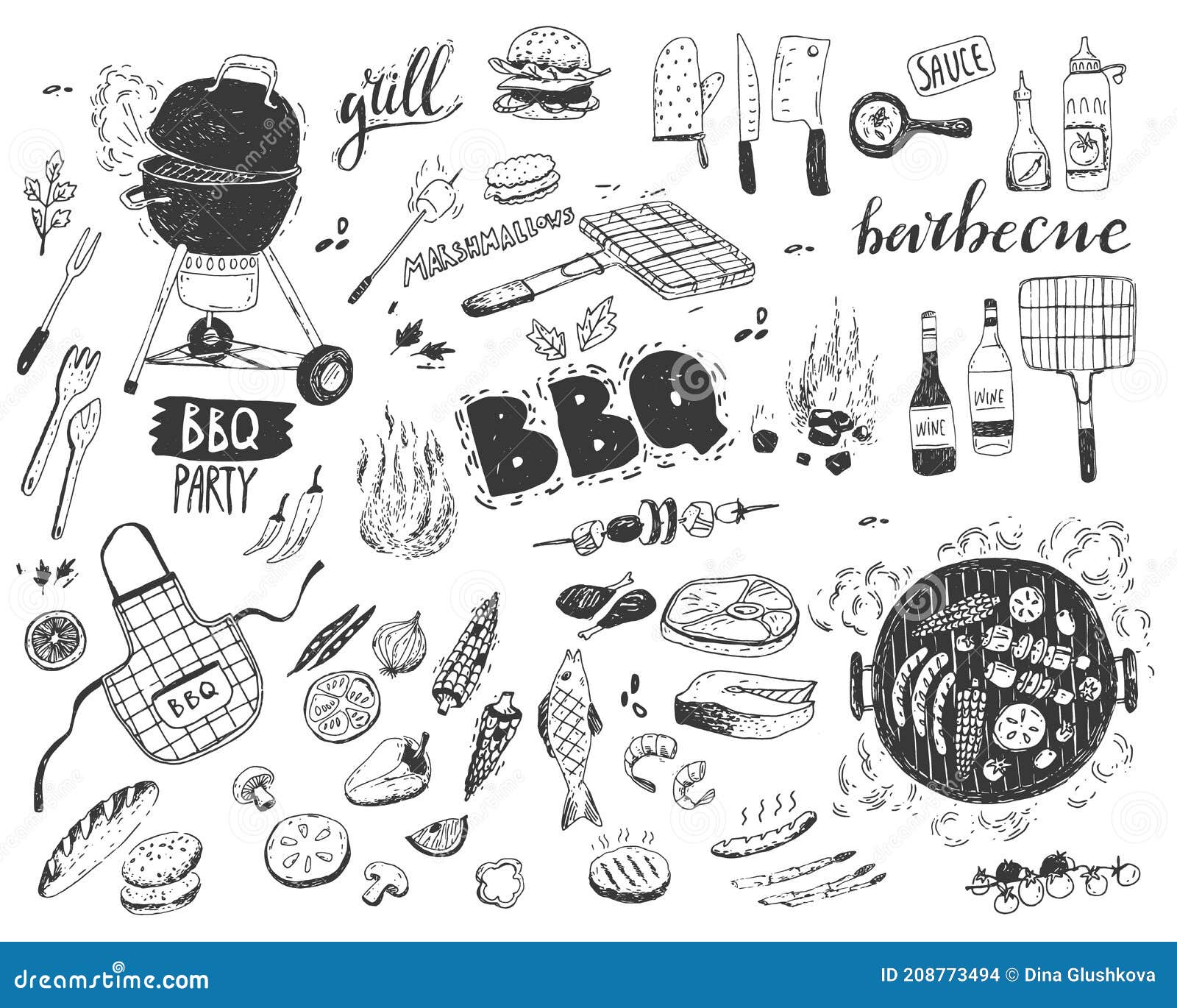 BBQ Doodle Set. Different Elements, Food, Vegetables, Fish and Meat ...