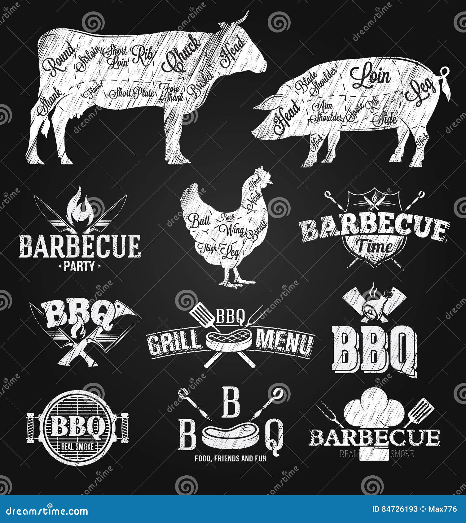 BBQ Emblems and Logos Chalk Drawing Stock Vector - Illustration of food ...