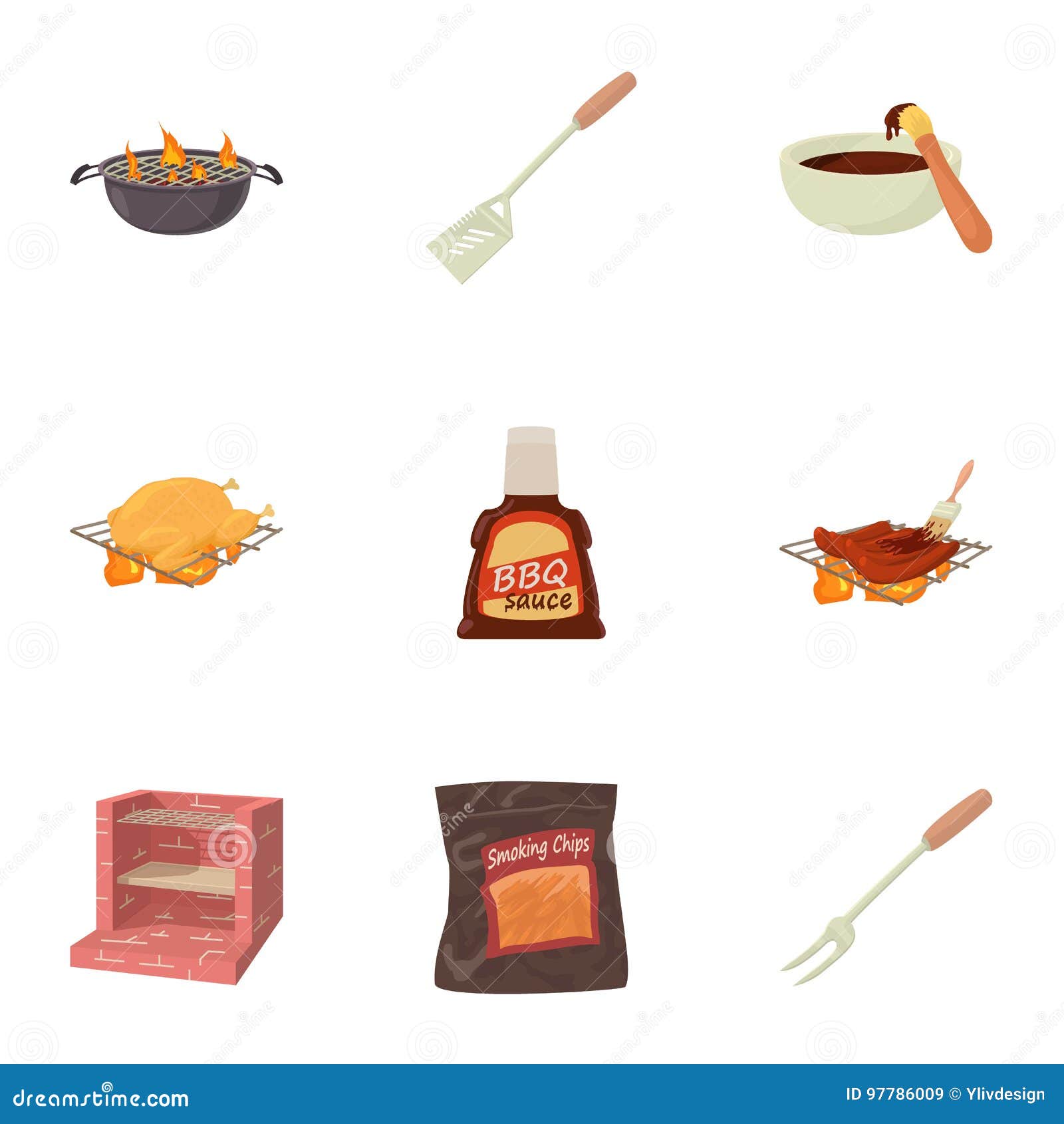 BBQ Equipment Icons Set, Cartoon Style Stock Vector - Illustration of ...