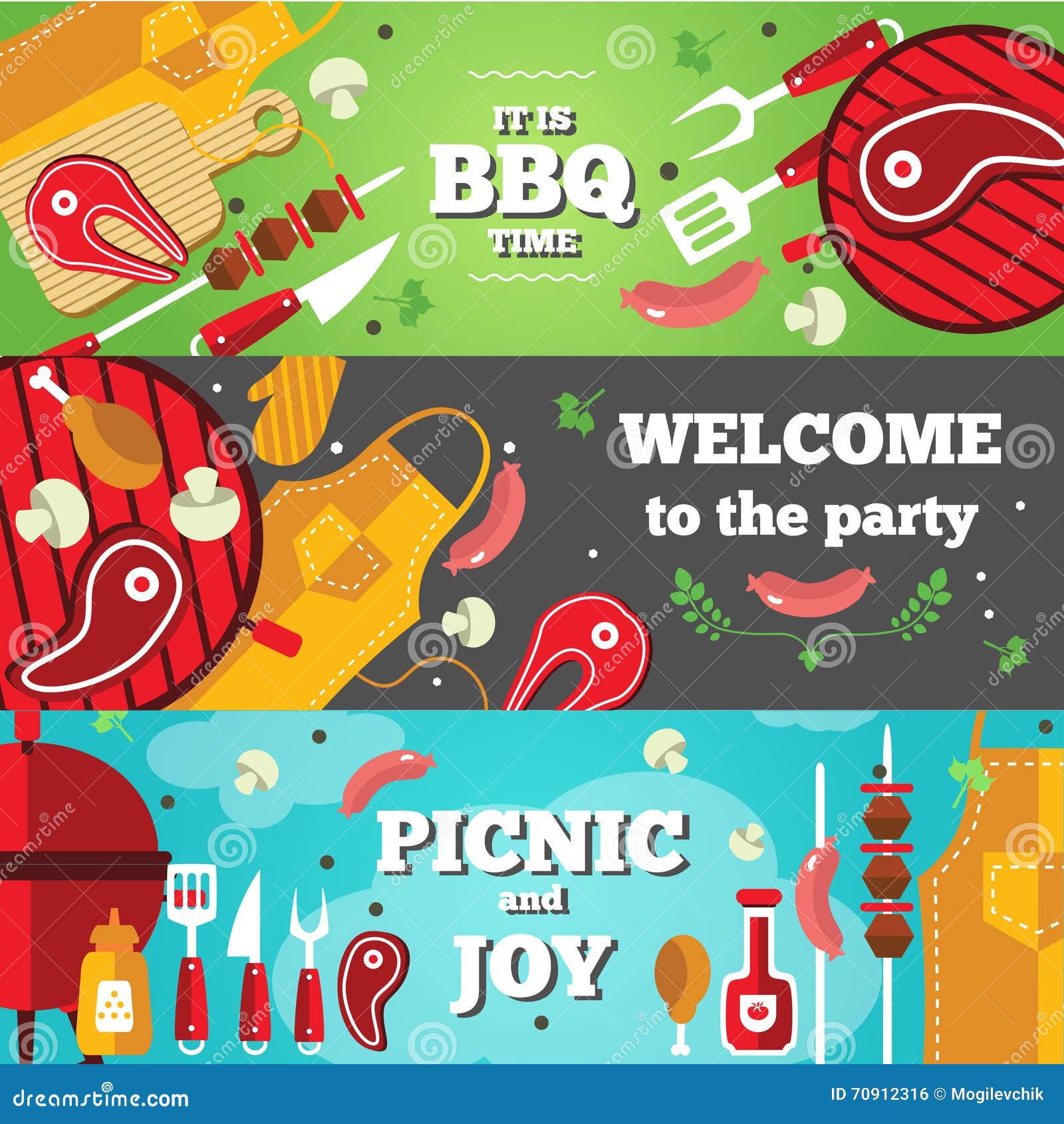 Bbq Flat Horizontal Banner Set Stock Vector - Illustration of banner ...