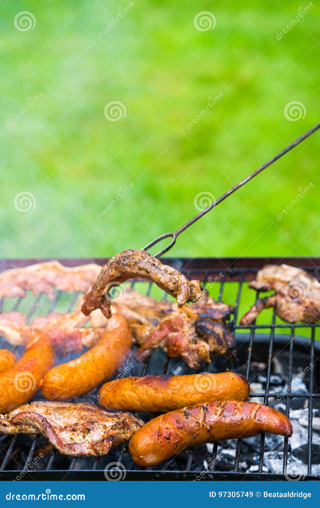 BBQ in the Garden - Selection of Meat on Flaming Grill Stock Image ...