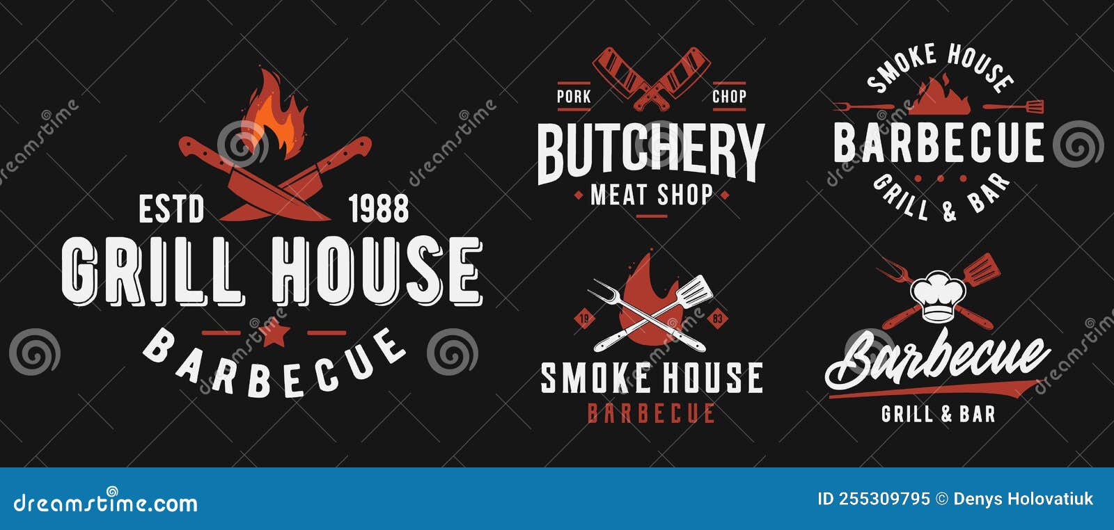 BBQ and Grill Logo Set. Vintage Barbecue Emblems. Restaurant Labels ...