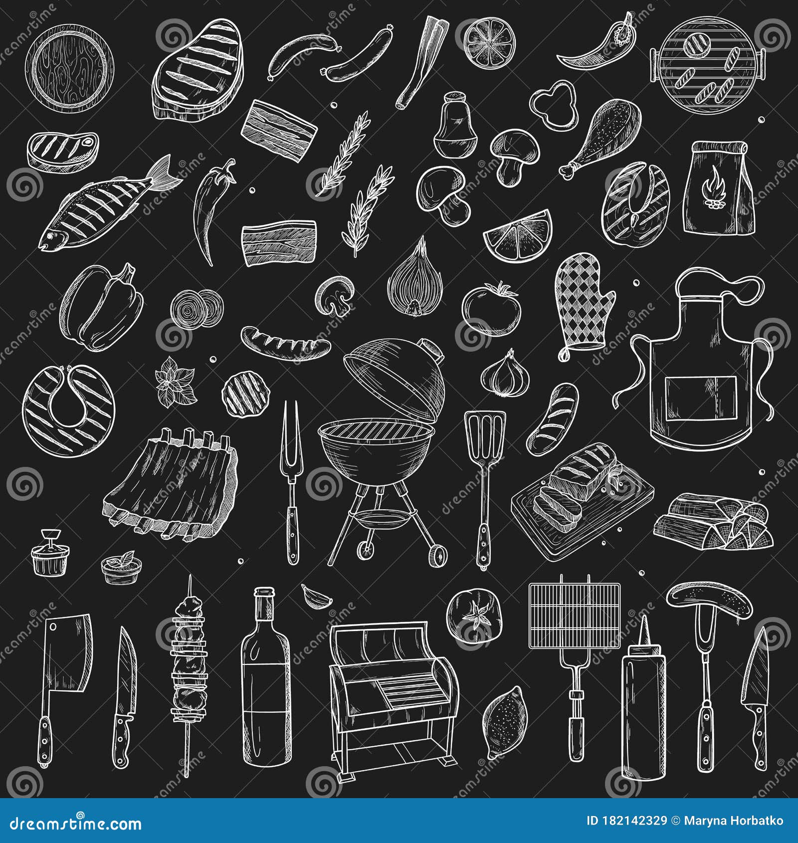 BBQ and Grill Menu with Sketch Objects Isolated on White Background ...