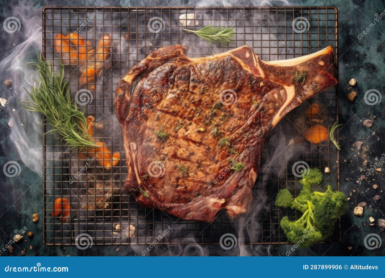 Bbq Grill Top View with T-bone Steak and Smoke Stock Photo - Image of ...