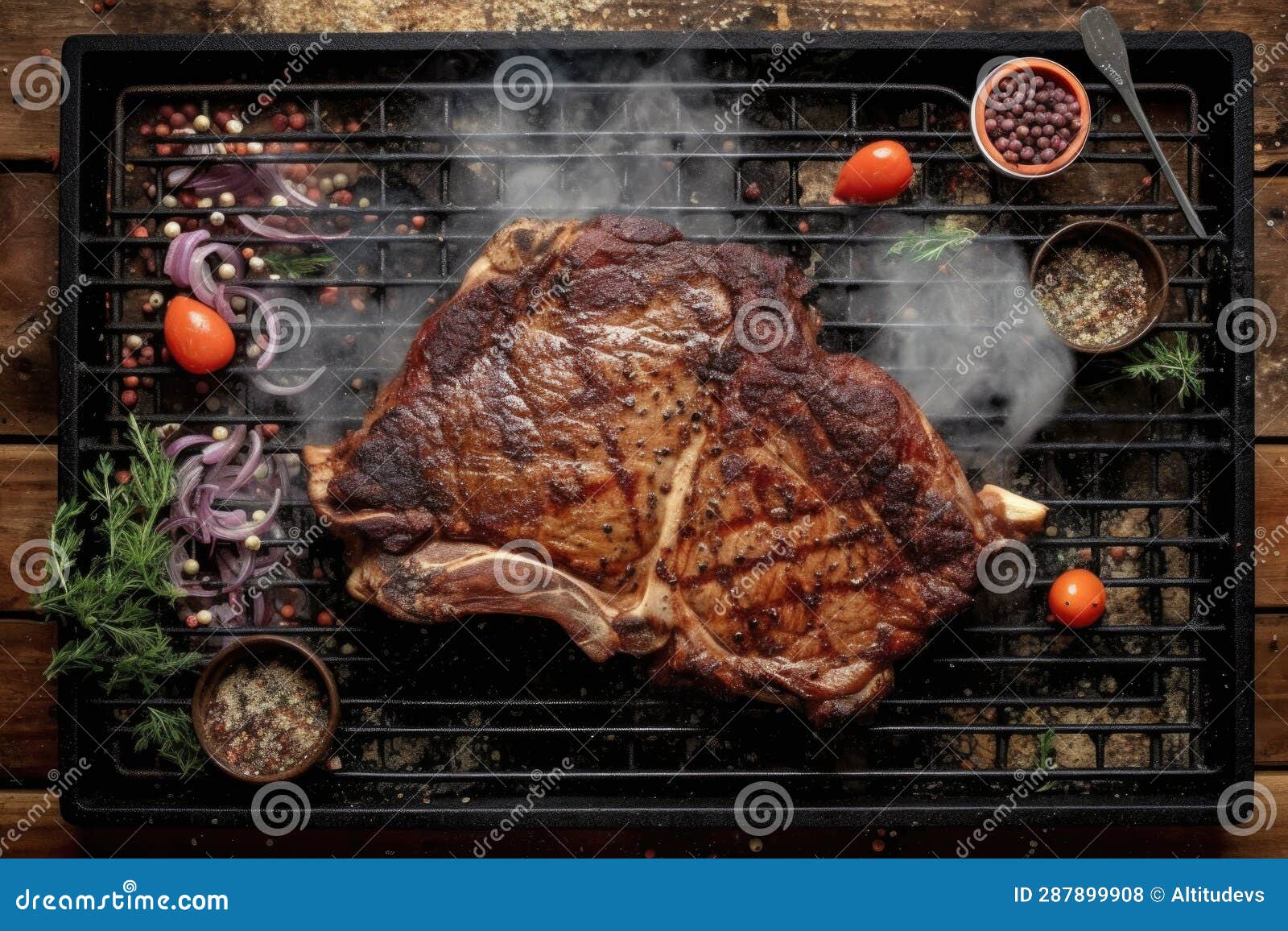 Bbq Grill Top View with T-bone Steak and Smoke Stock Illustration ...