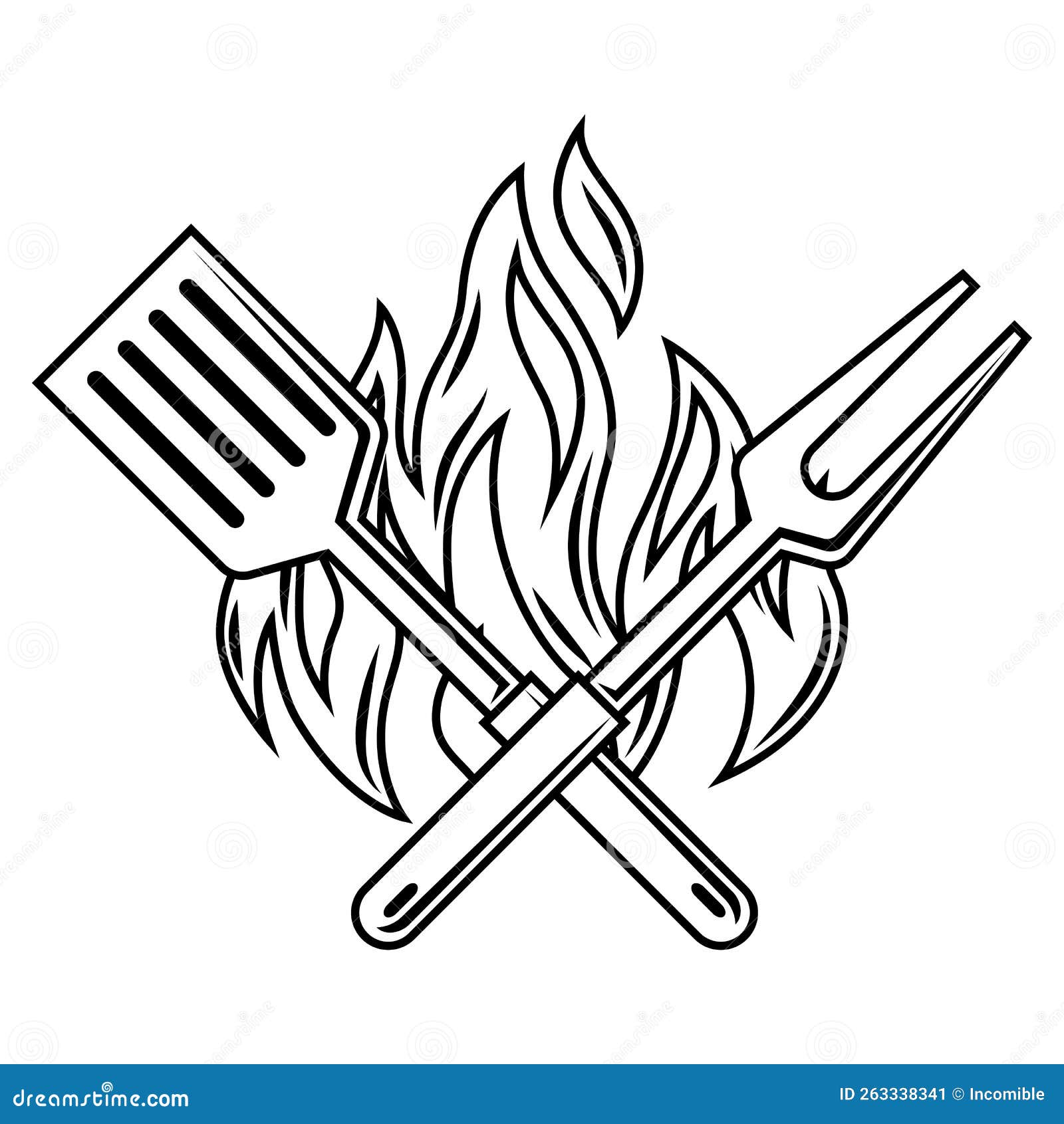 Bbq Illustration with Fire, Spatula and Fork. Stylized Kitchen and ...