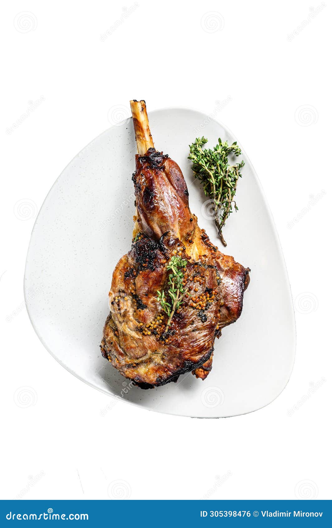 BBQ Lamb Leg with Herbs. Isolated on White Background. Top View. Stock ...