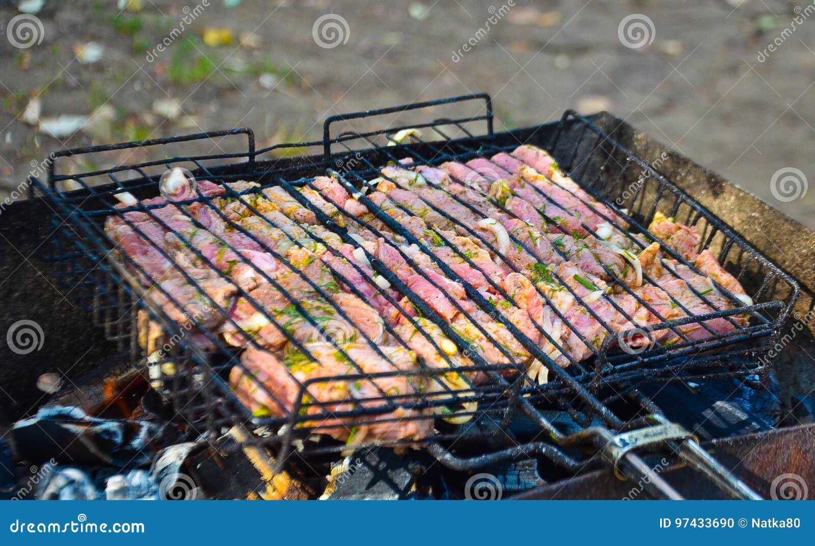 BBQ meat on coals outdoors stock photo. Image of cooking - 97433690