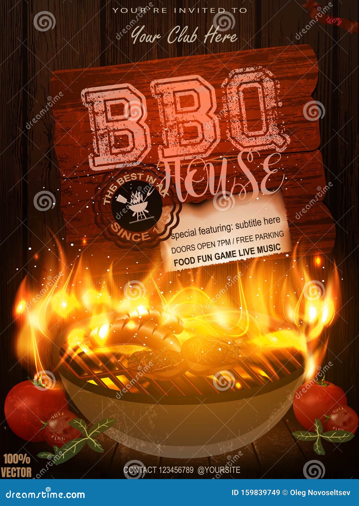 Bbq Party Invitation with Grill, Food Elements and Fire on Wooden ... Bbq Party Invitation with Grill, Food Elements and Fire on Wooden ...