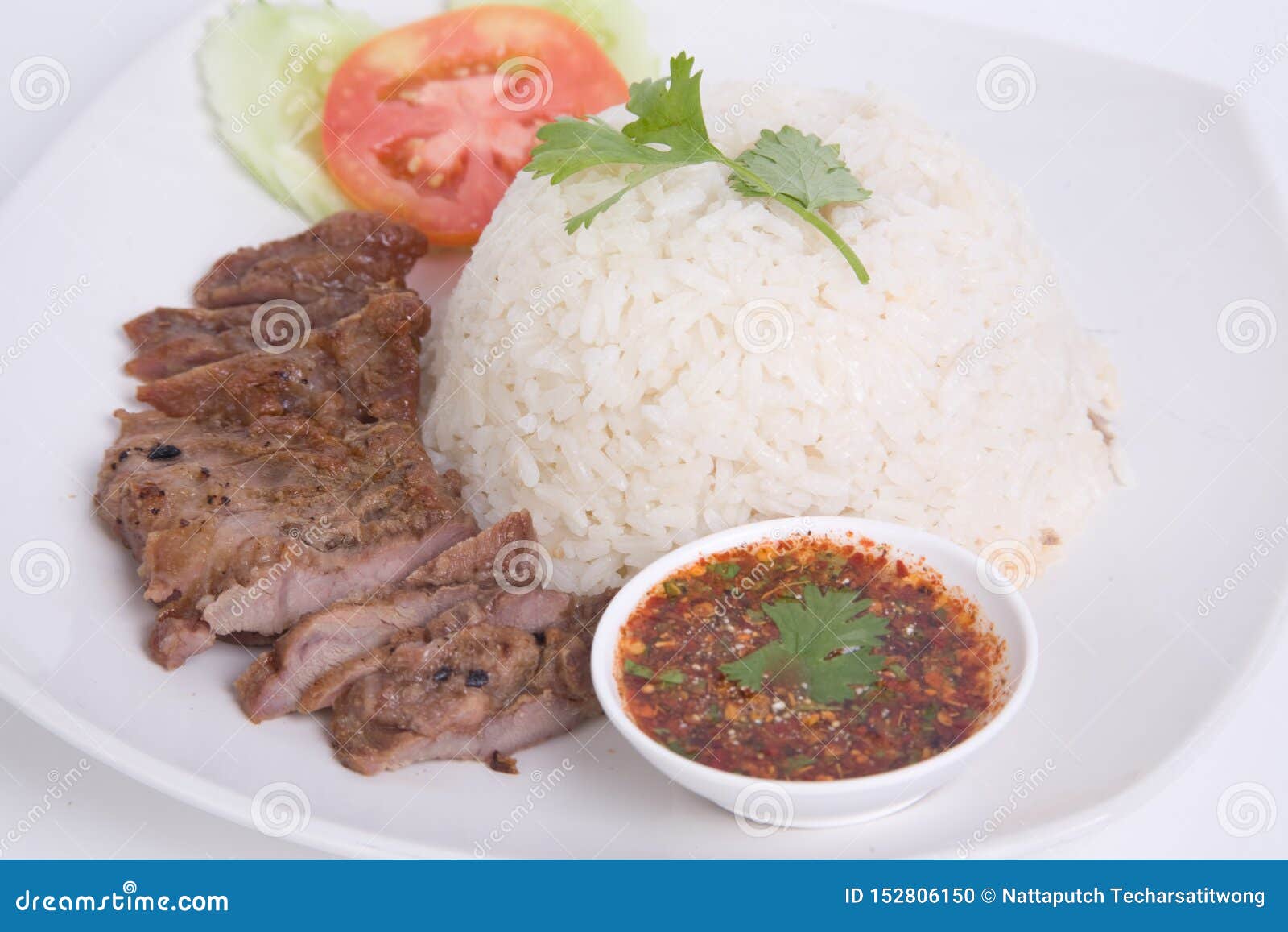 BBQ Pork Grill on Rice in Plate Stock Photo - Image of restaurant ...