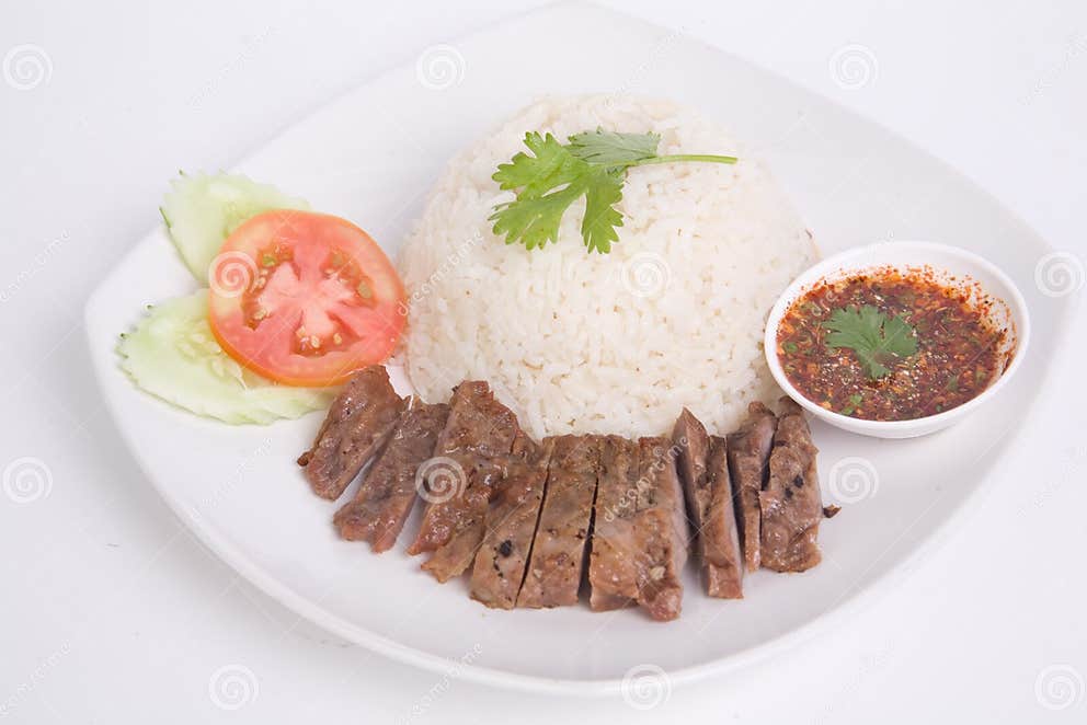 BBQ Pork Grill on Rice in Plate Stock Image - Image of roast, nutrition ...