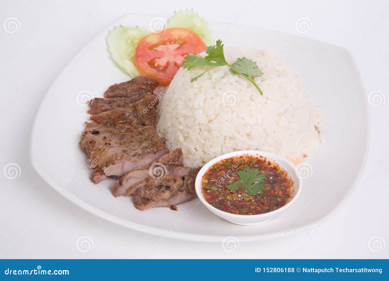 BBQ Pork Grill on Rice in Plate Stock Photo - Image of asian, sauce ...