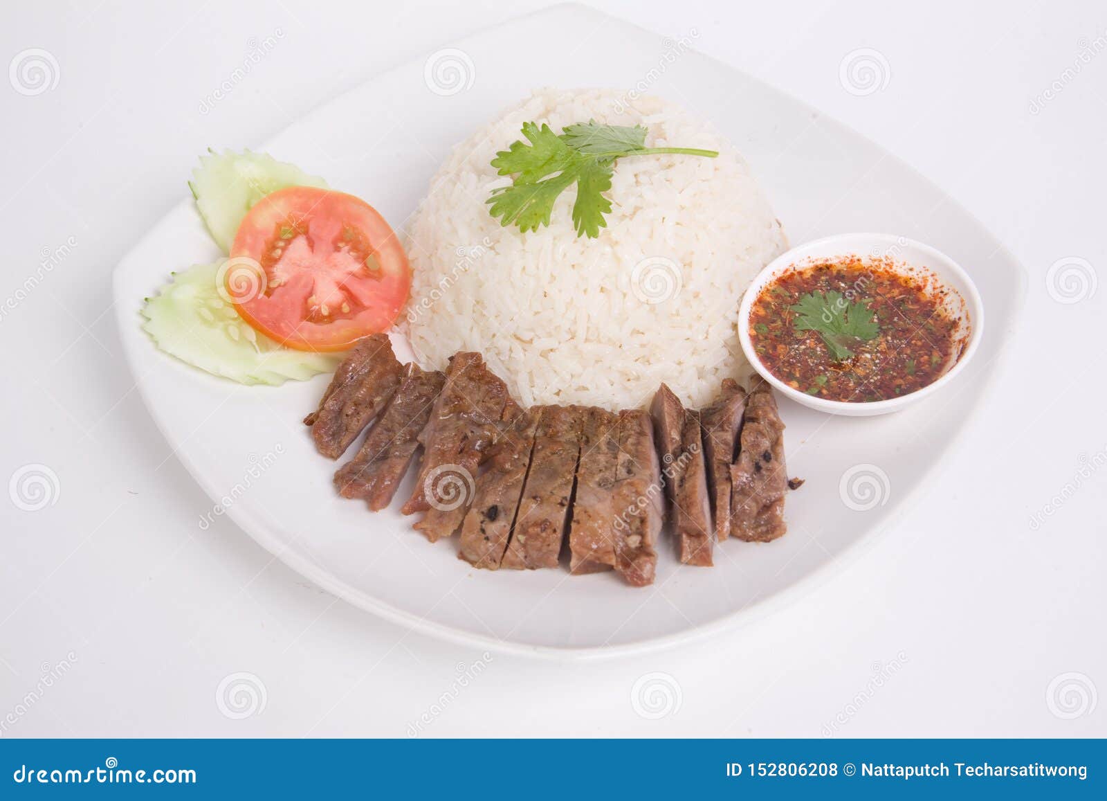 BBQ Pork Grill on Rice in Plate Stock Photo - Image of white, cooked ...