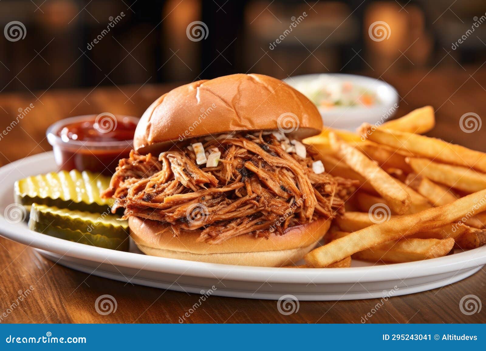 Bbq Pulled Pork Piled on a Fresh Bun, Side Pickle Stock Image - Image ...