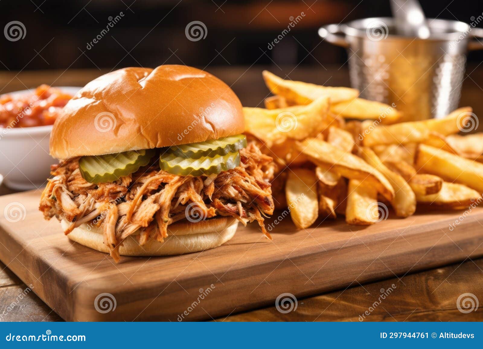 Bbq Pulled Pork Piled on a Fresh Bun, Side Pickle Stock Image - Image ...