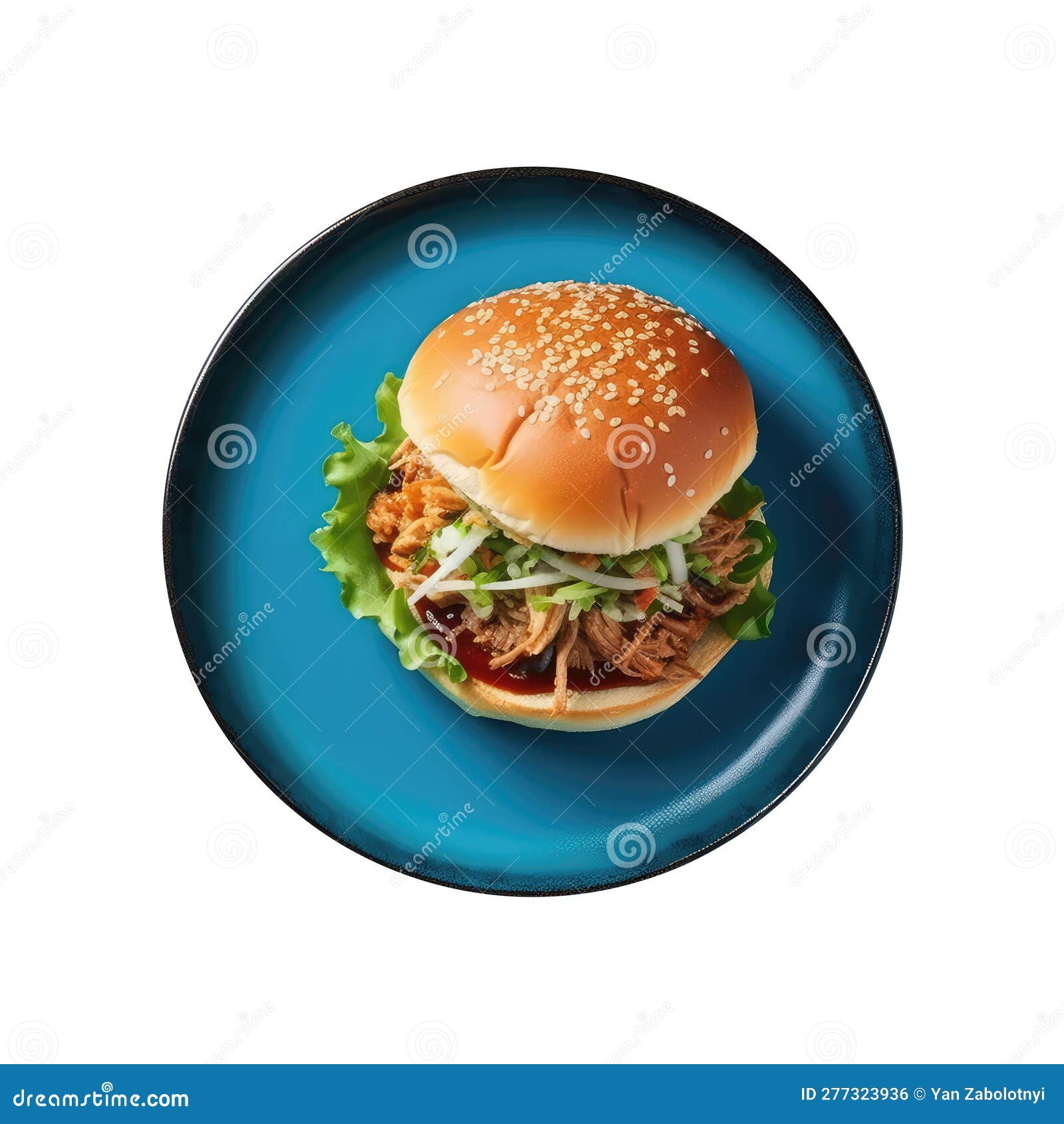 Bbq Pulled Pork Sandwich on Blue Smooth Round Plate on Isolated ...