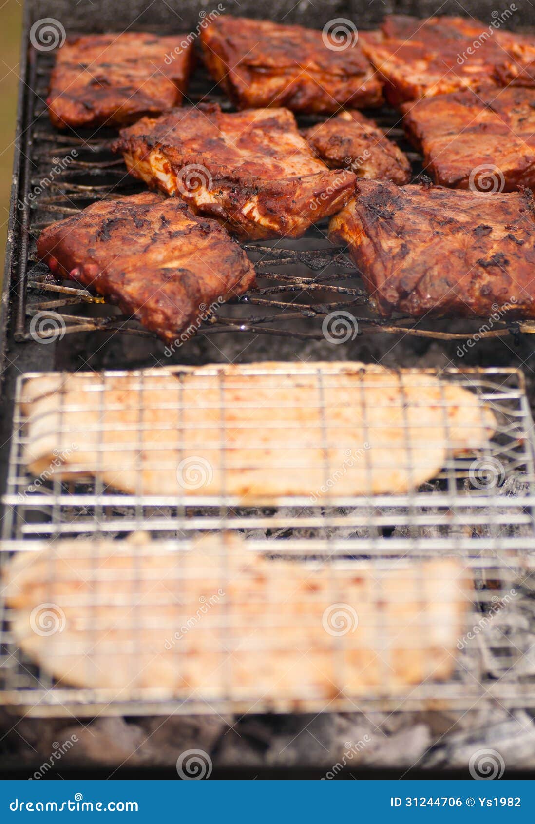 BBQ Ribs and Fish on Grill with Charcoal Stock Photo - Image of grilled ...