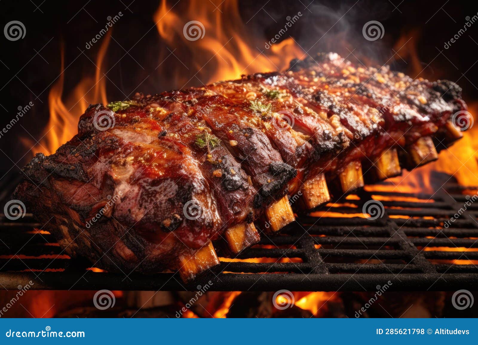 Bbq Ribs on Grill with Flames and Smoke Stock Photo - Image of ...