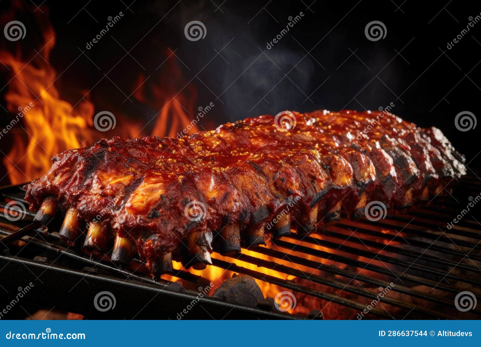 Bbq Ribs on Grill with Flames and Smoke Stock Illustration ...